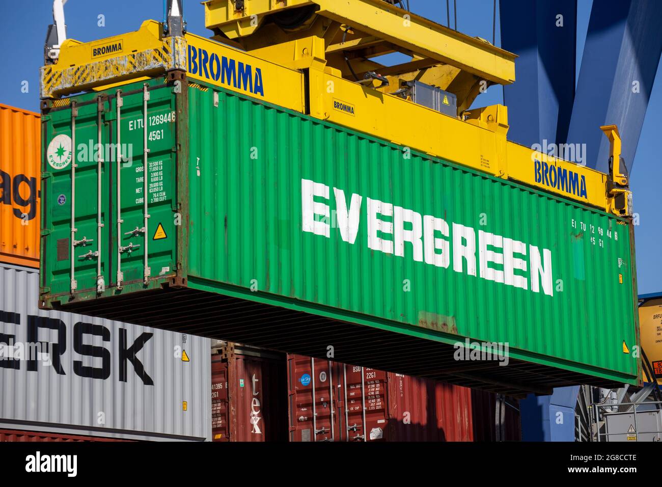 A Evergreen Line container being loaded at the port of Mannheim ...