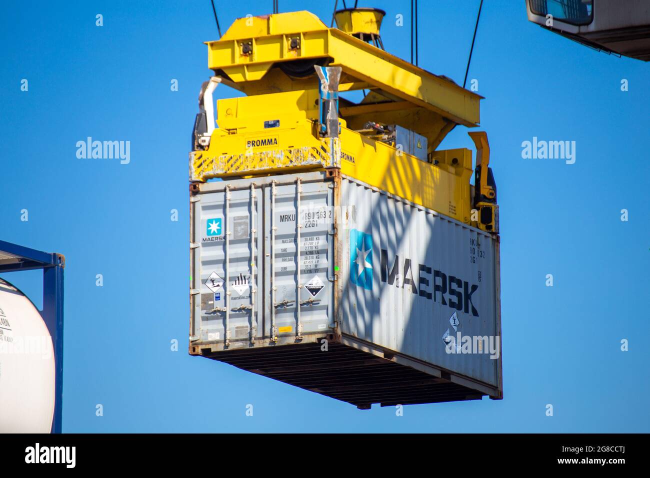 A Maersk Line container being loaded at the port of Mannheim (Germany ...