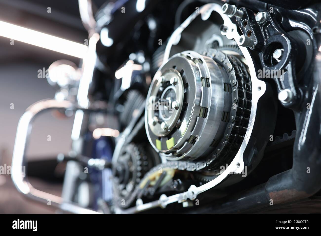 Sports motorcycle engine in service center closeup Stock Photo - Alamy