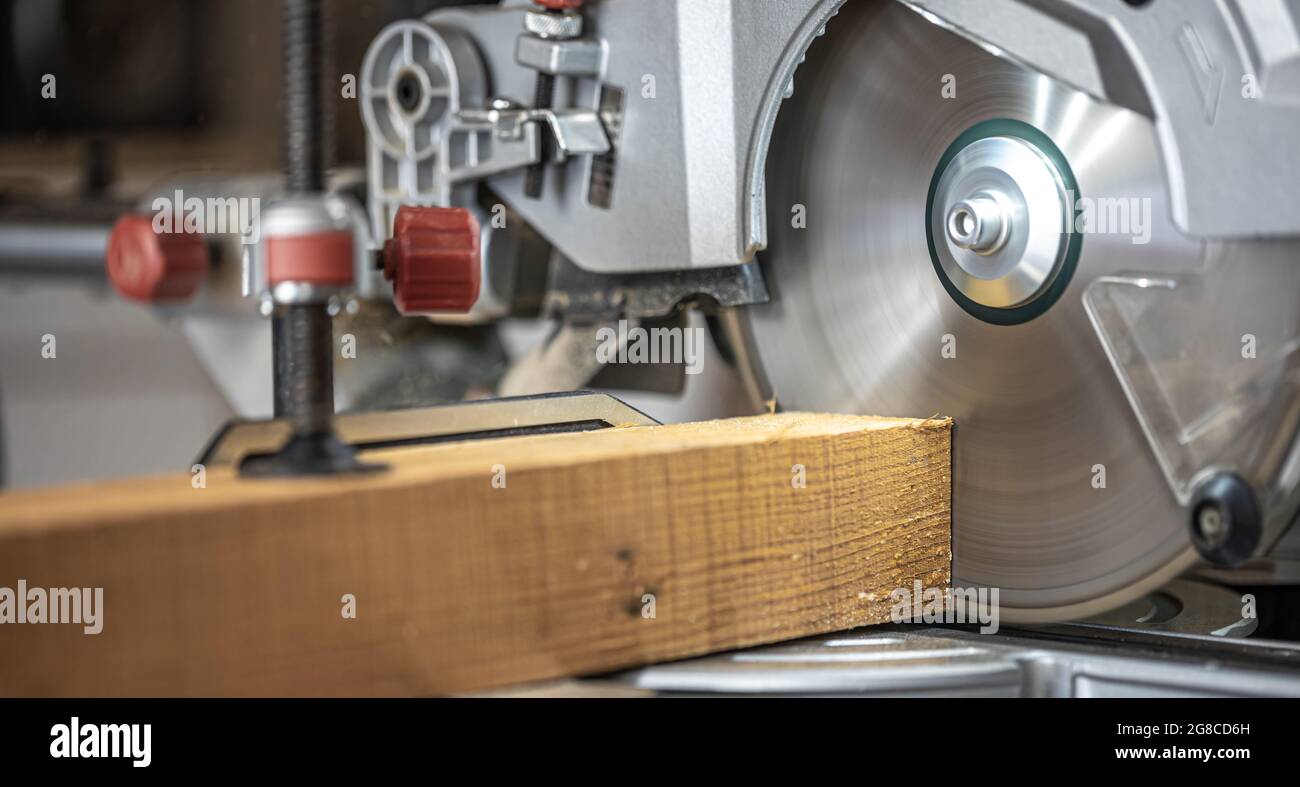 Circular saw miter saw photographed in the workshop atmosphere Stock ...