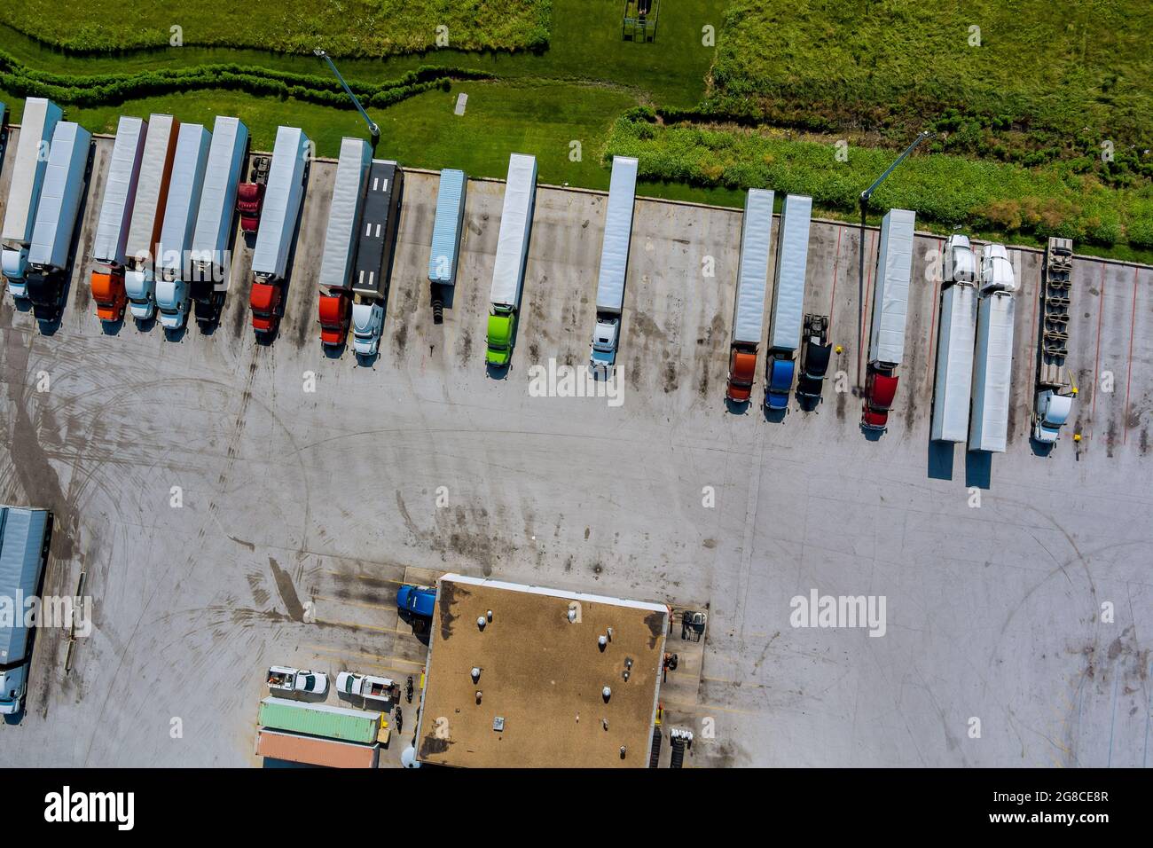 Aerial view with rest area for heavy trucks in near highway Stock Photo ...