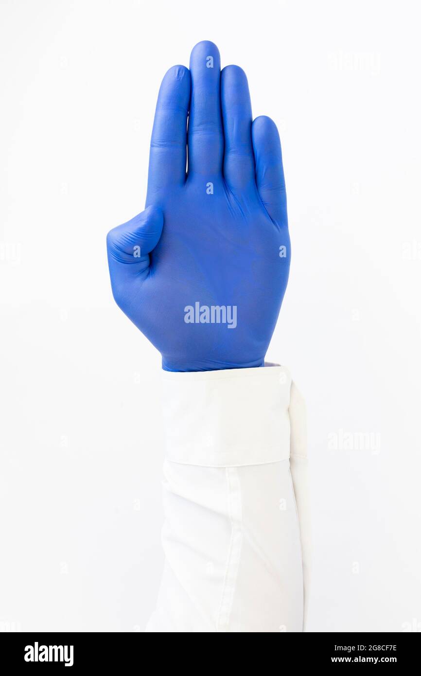 Hand in blue latex Glove. Stop sign. White background. Copy space Stock ...