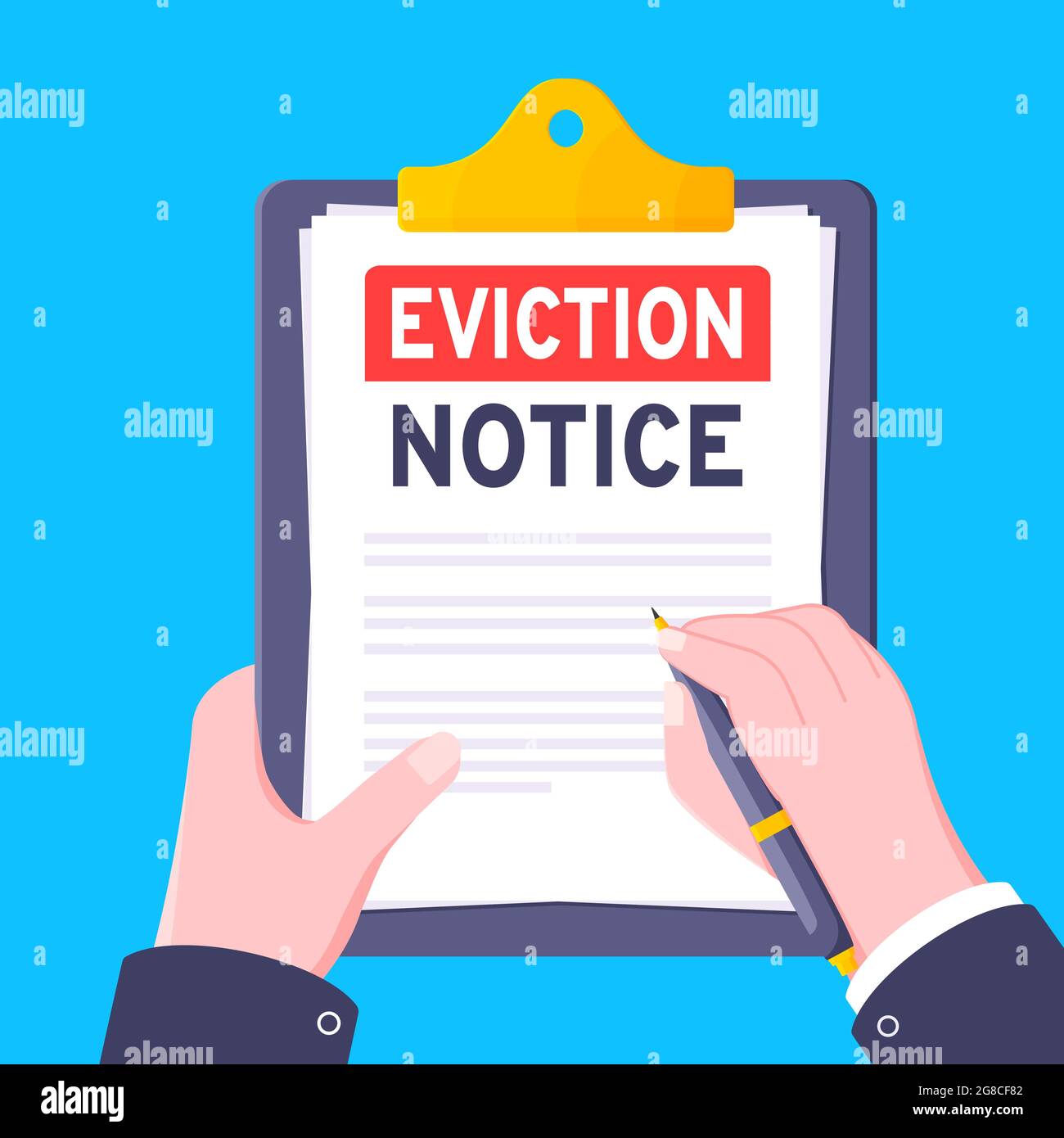 Hand holds eviction notice legal document with stamp, paper sheets and ...