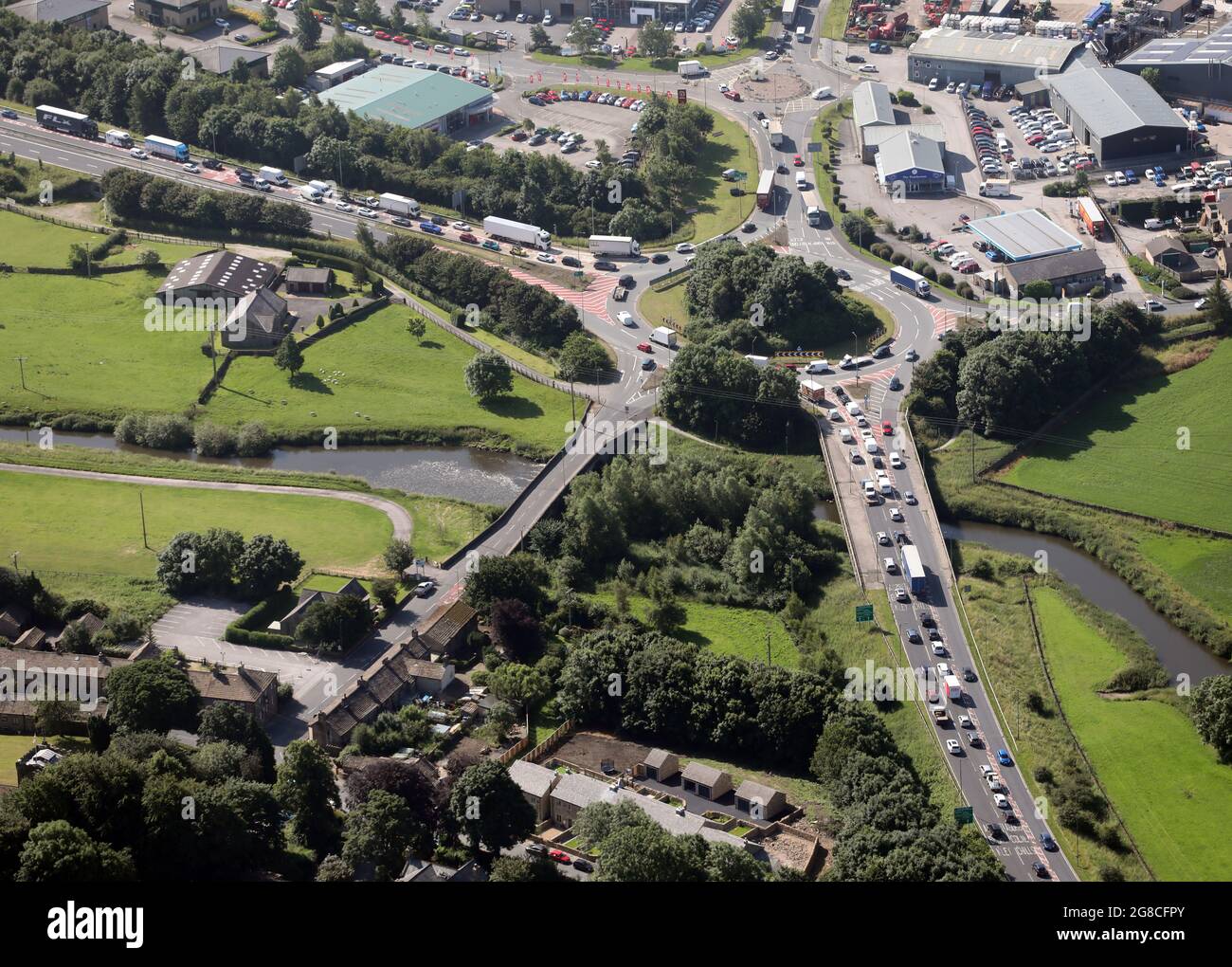 Aerial view of traffic congested around a roundabout. This being the ...