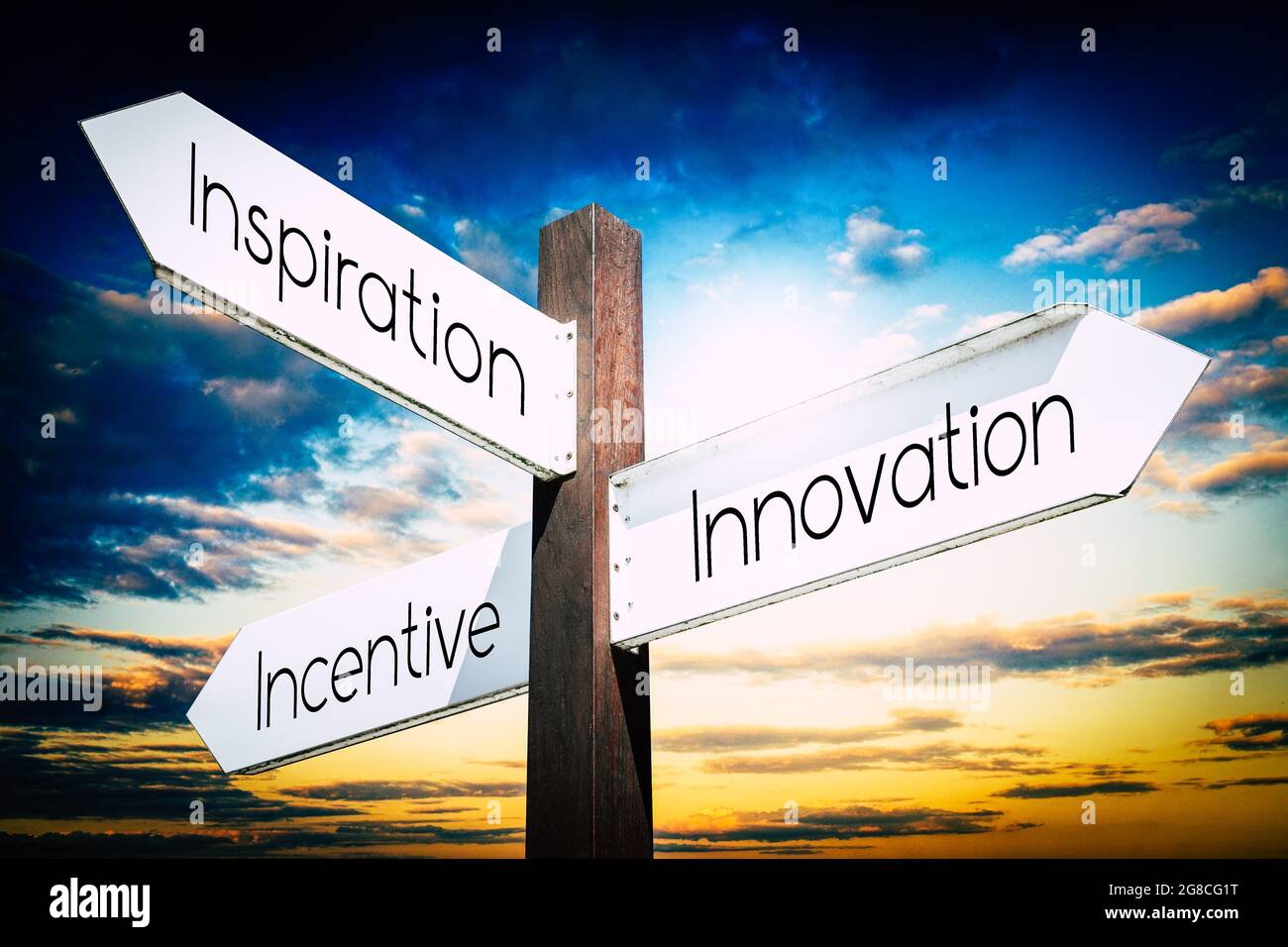 Inspiration, innovation, incentive concept - signpost with three arrows ...