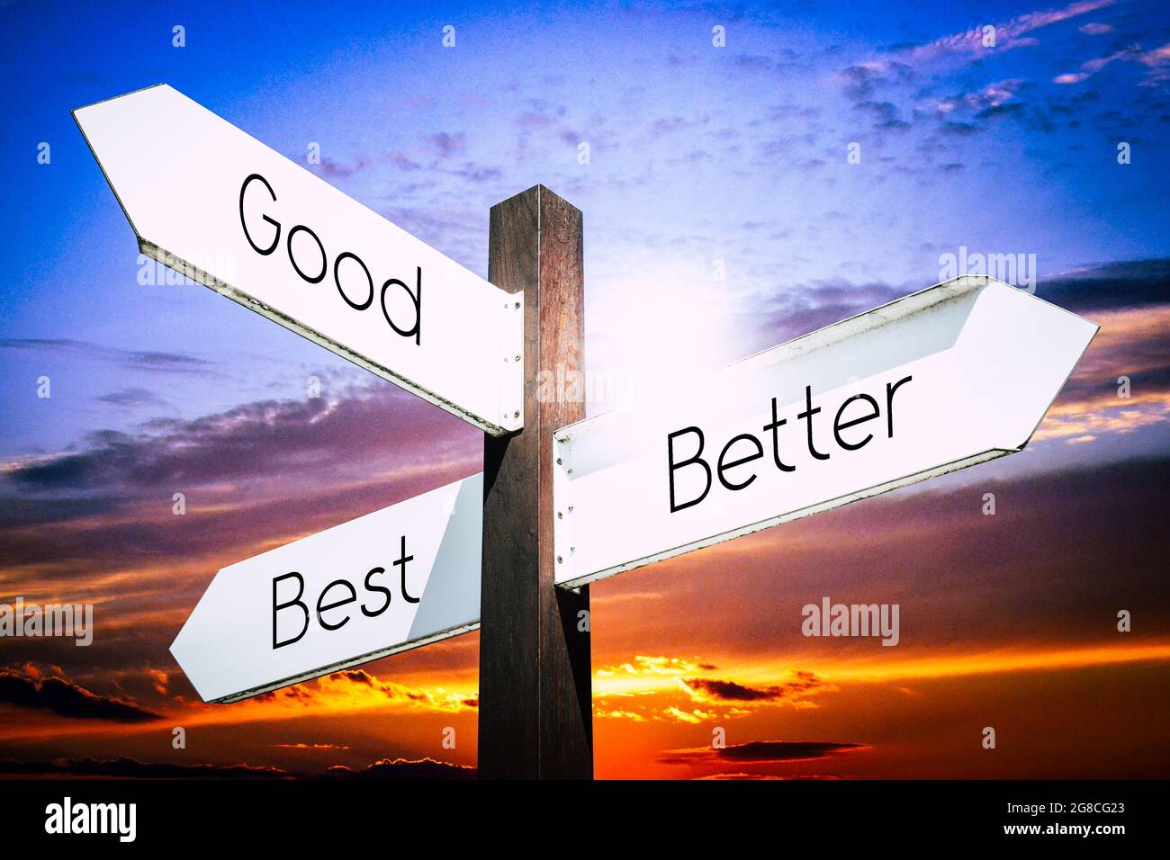Good, better, best concept - signpost with three arrows Stock Photo - Alamy