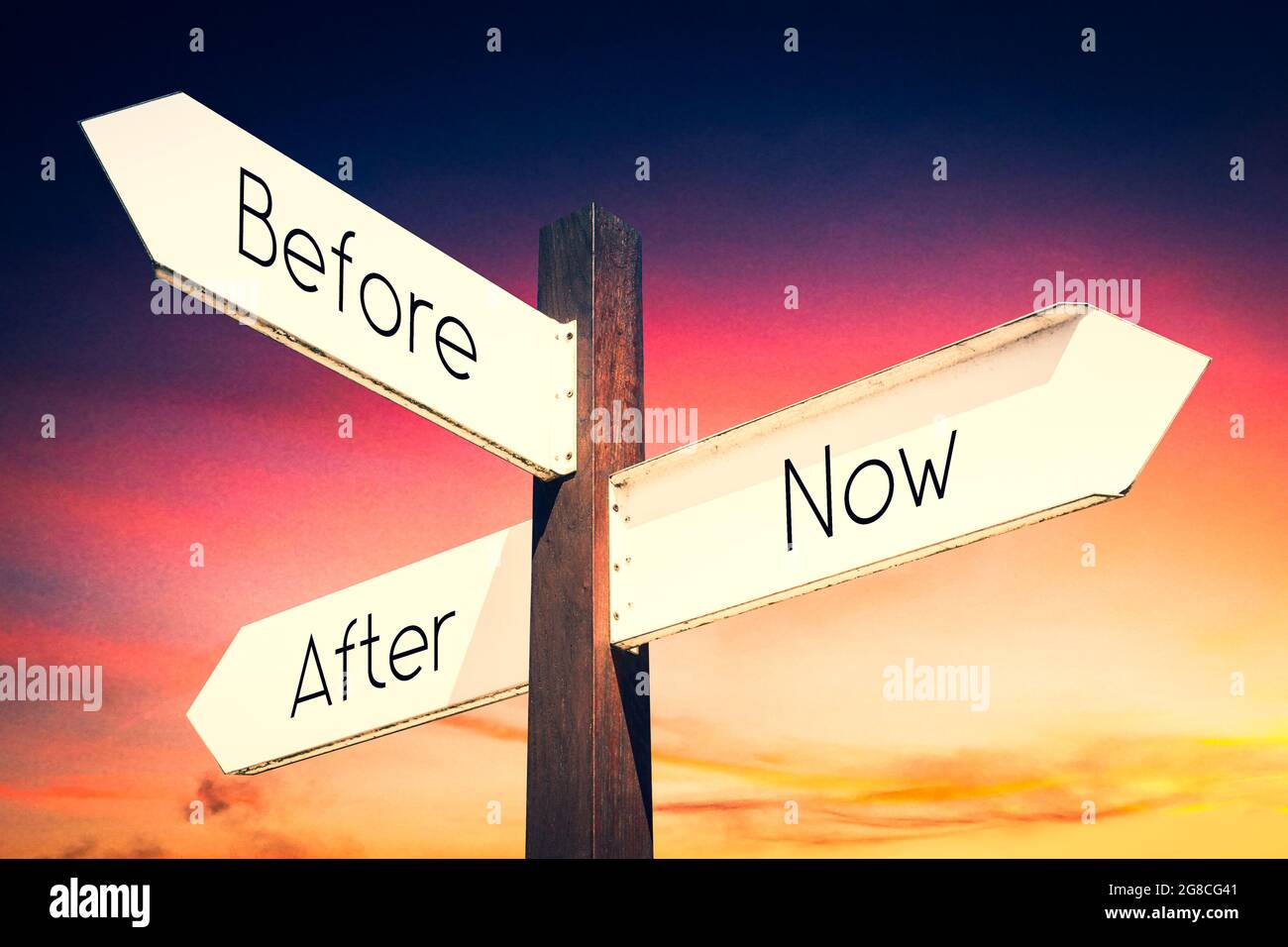 Before, now, after concept - signpost with three arrows Stock Photo - Alamy