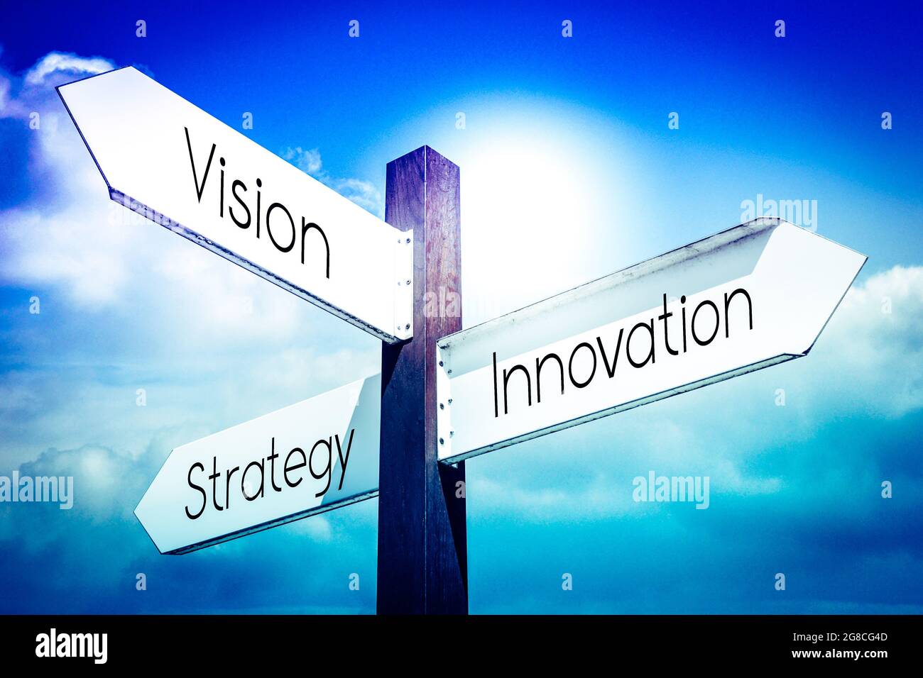Vision, innovation, strategy concept - signpost with three arrows Stock ...