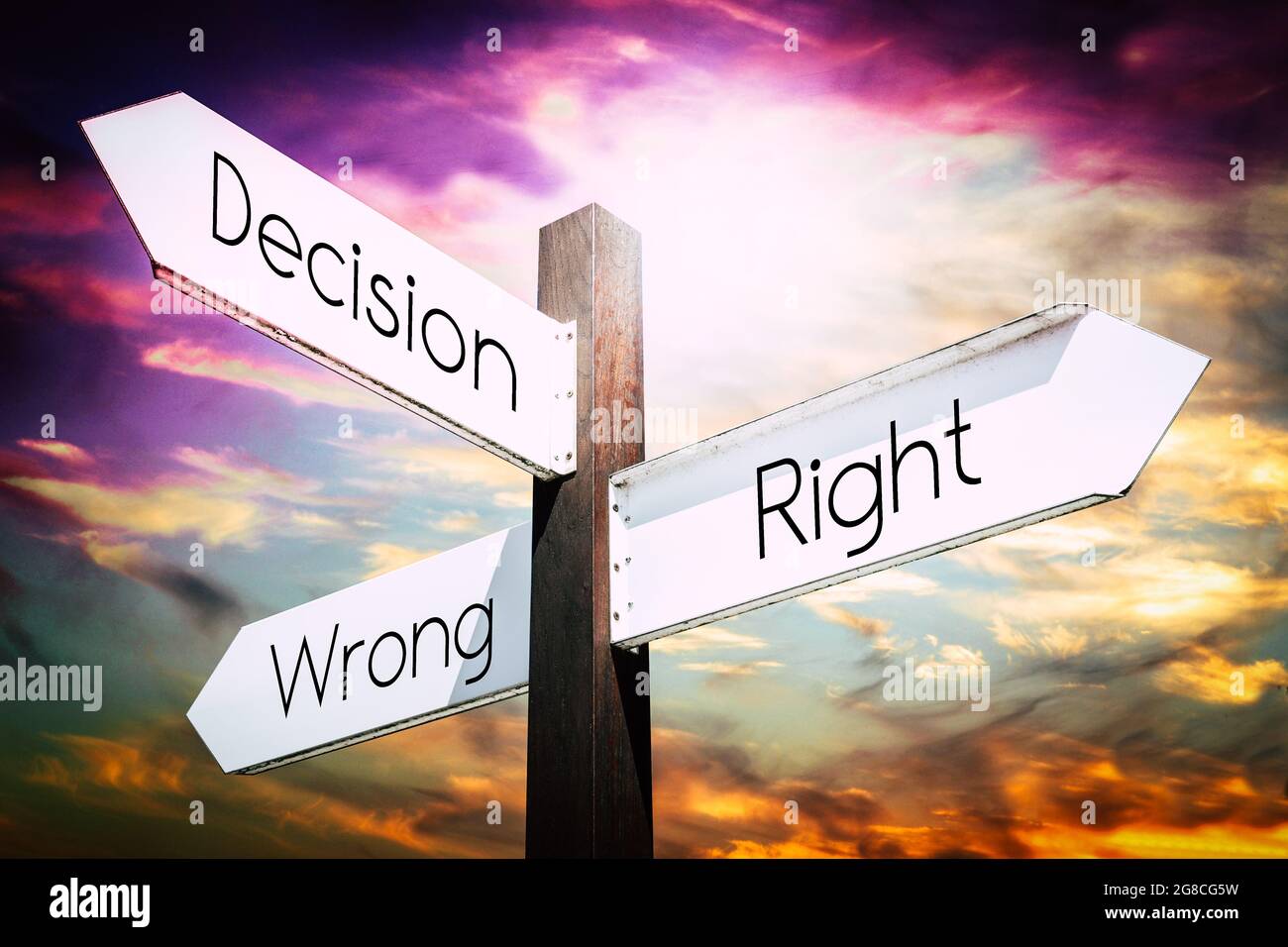 Decision, right, wrong concept - signpost with three arrows Stock Photo ...