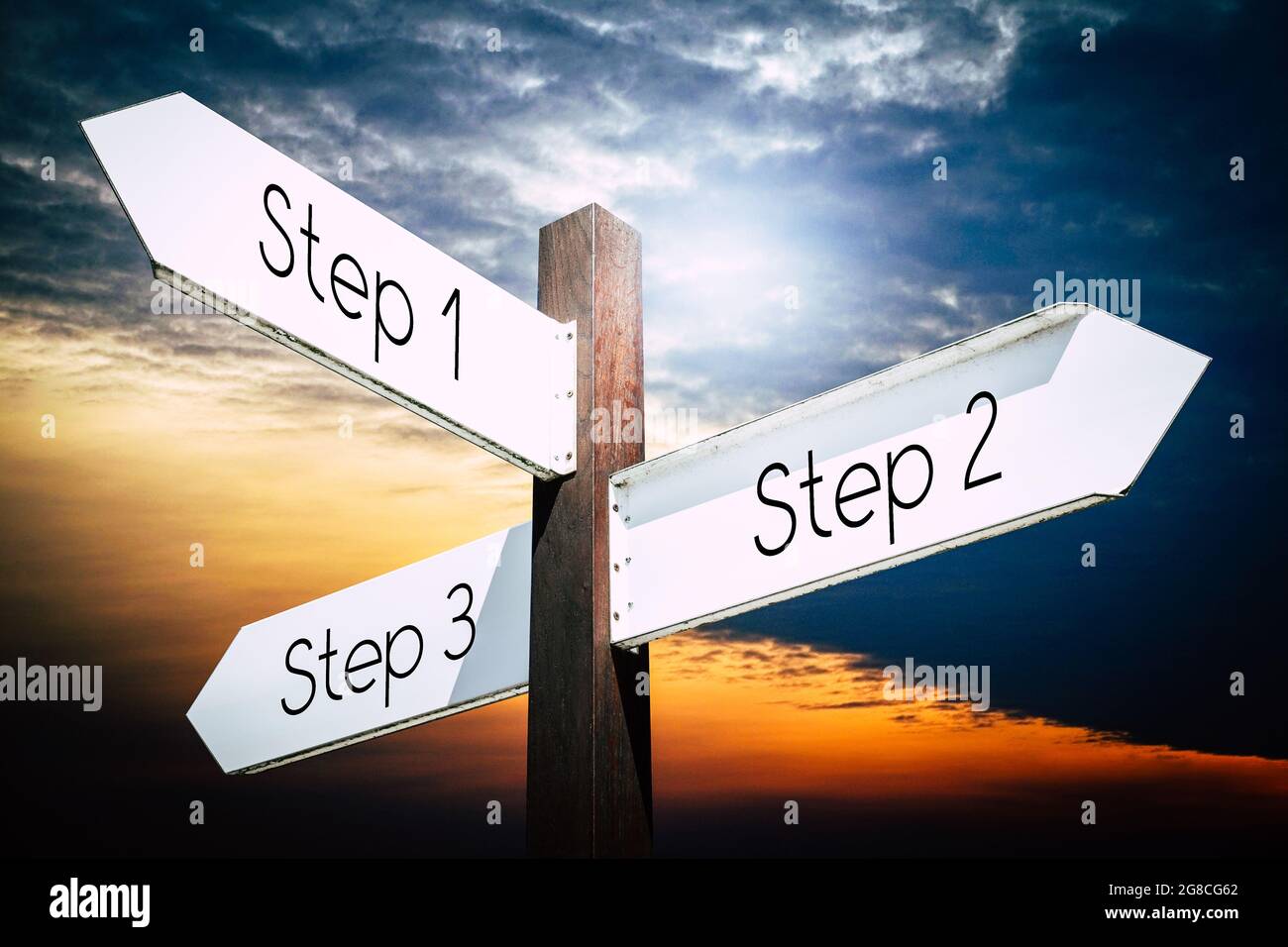 Steps 1, 2, 3 concept - signpost with three arrows Stock Photo - Alamy