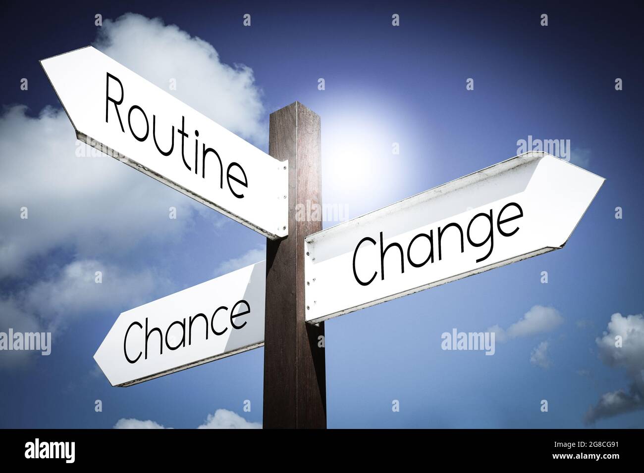 Routine, change, chance concept - signpost with three arrows Stock ...
