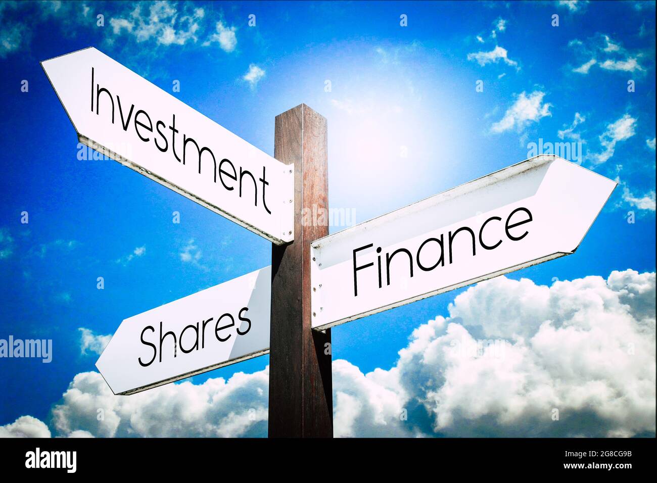 Investment, finance, shares concpt - signpost with three arrows Stock ...