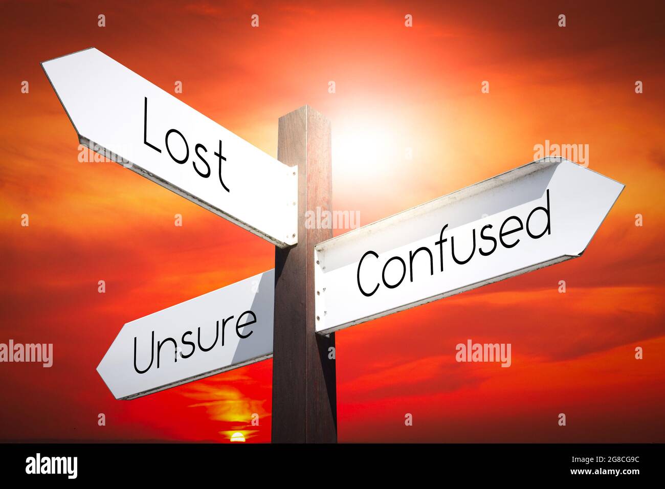 Lost, confused, unsure concept - signpost with three arrows Stock Photo ...