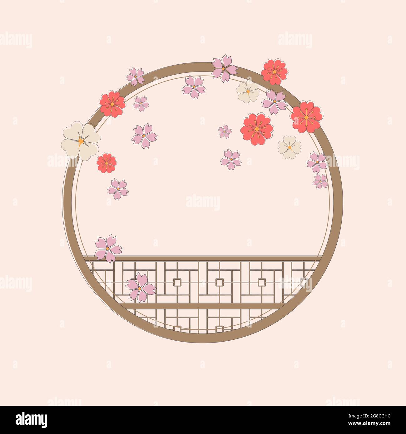 Chinese traditional window. Round frame in flowers. Hand drawing of a ...