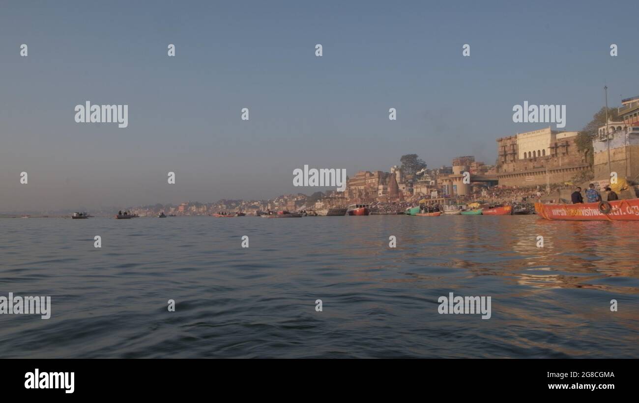 VARANASI, INDIA - Mar 06, 2019: A sunrise morning with a large ...
