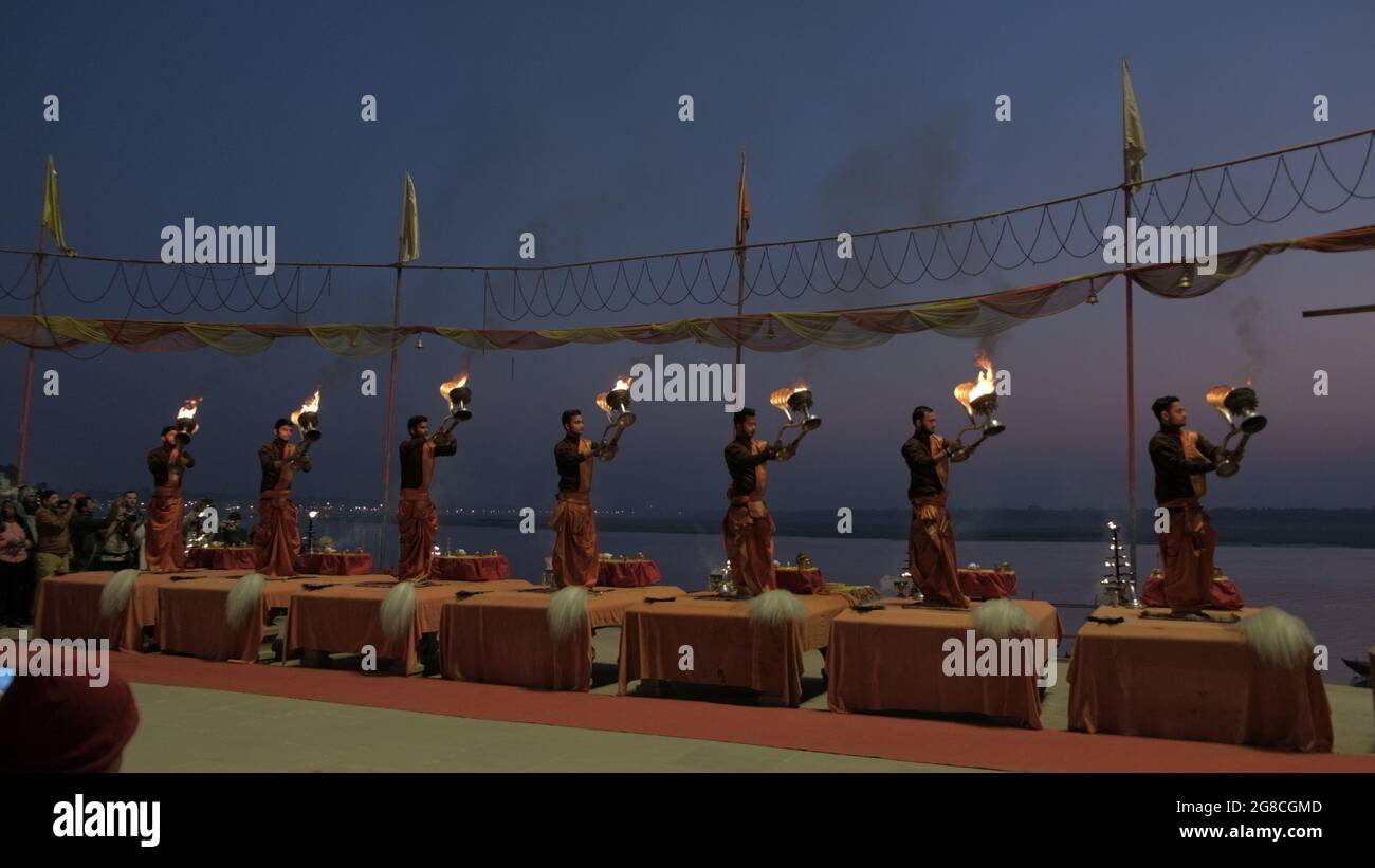 VARANASI, INDIA - Mar 06, 2019: A sunrise morning with large religious ...