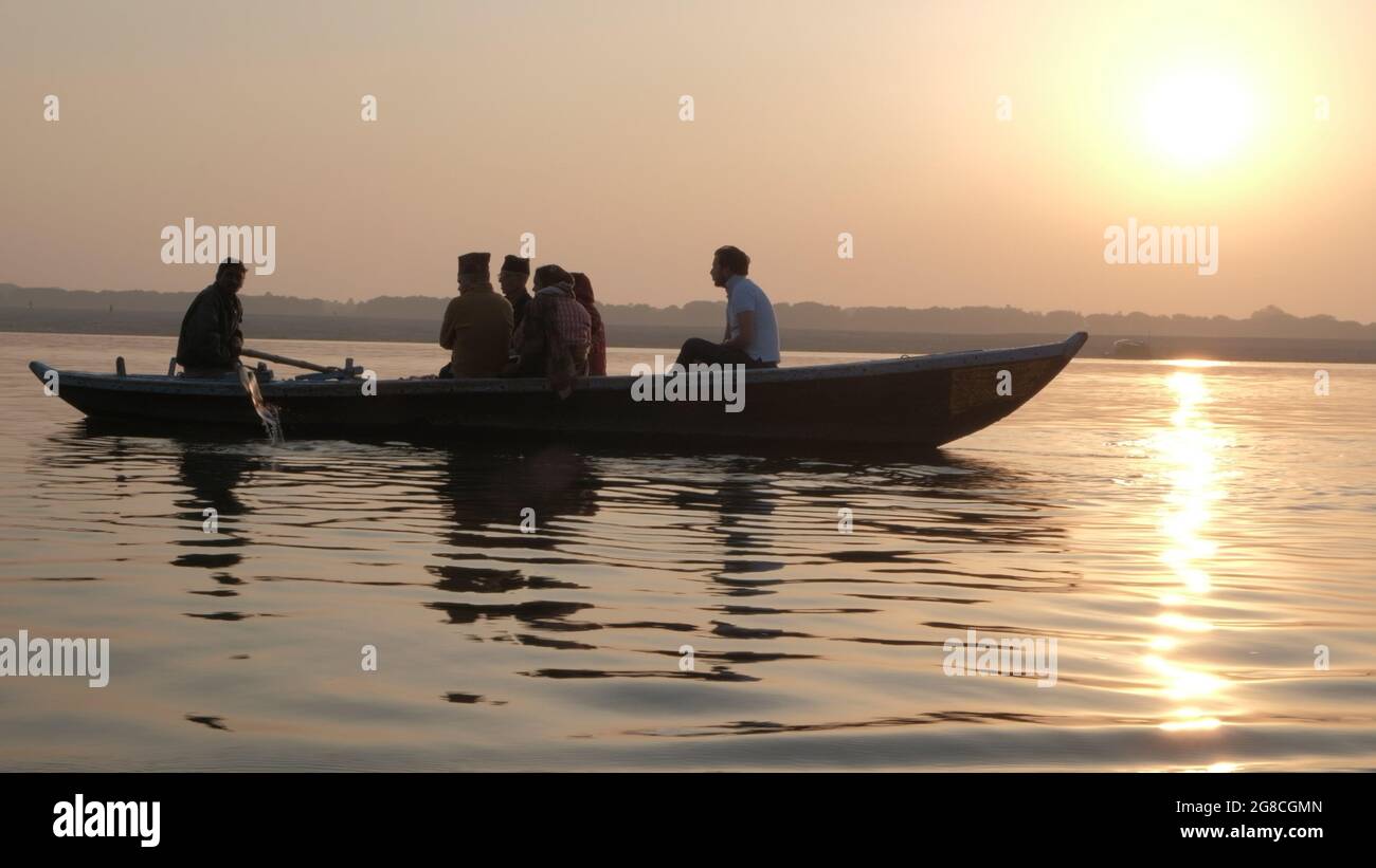 VARANASI, INDIA - Mar 06, 2019: A sunrise morning with a large ...