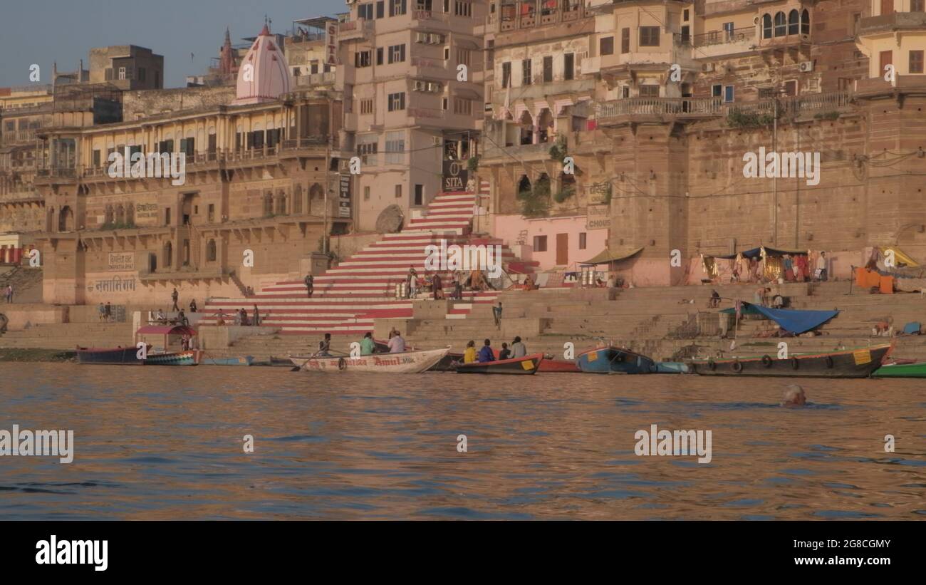 VARANASI, INDIA - Mar 06, 2019: A sunrise morning with a large ...