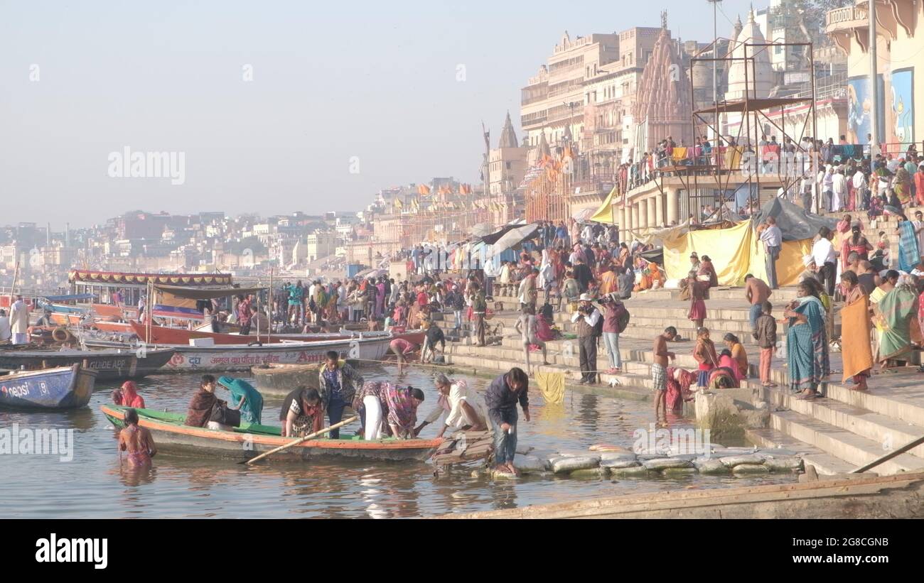 VARANASI, INDIA - Mar 06, 2019: A sunrise morning with a large ...