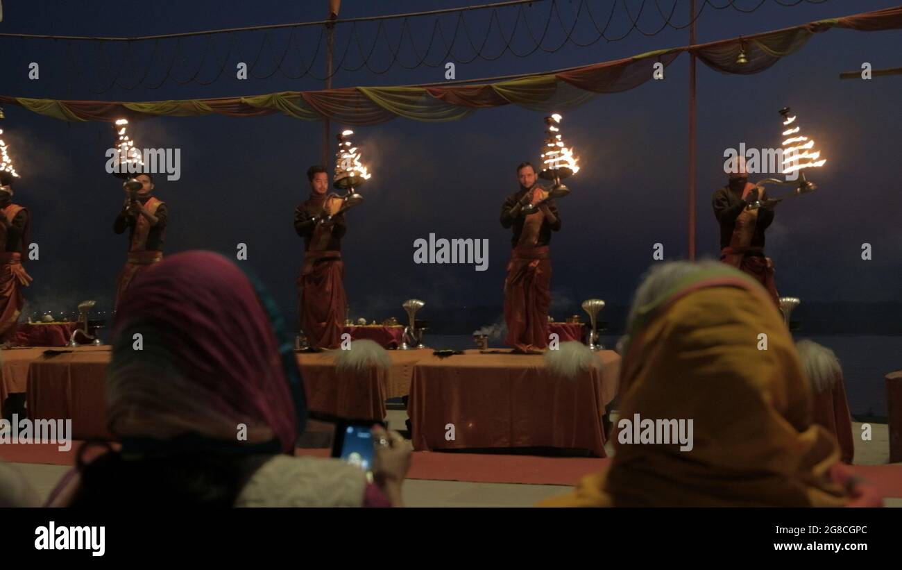 VARANASI, INDIA - Mar 06, 2019: A sunrise morning with large religious ...