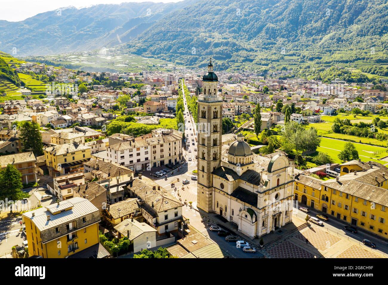 Tirano, Valtellina, Italy, Aerial view of the city and the Sanctuary of ...