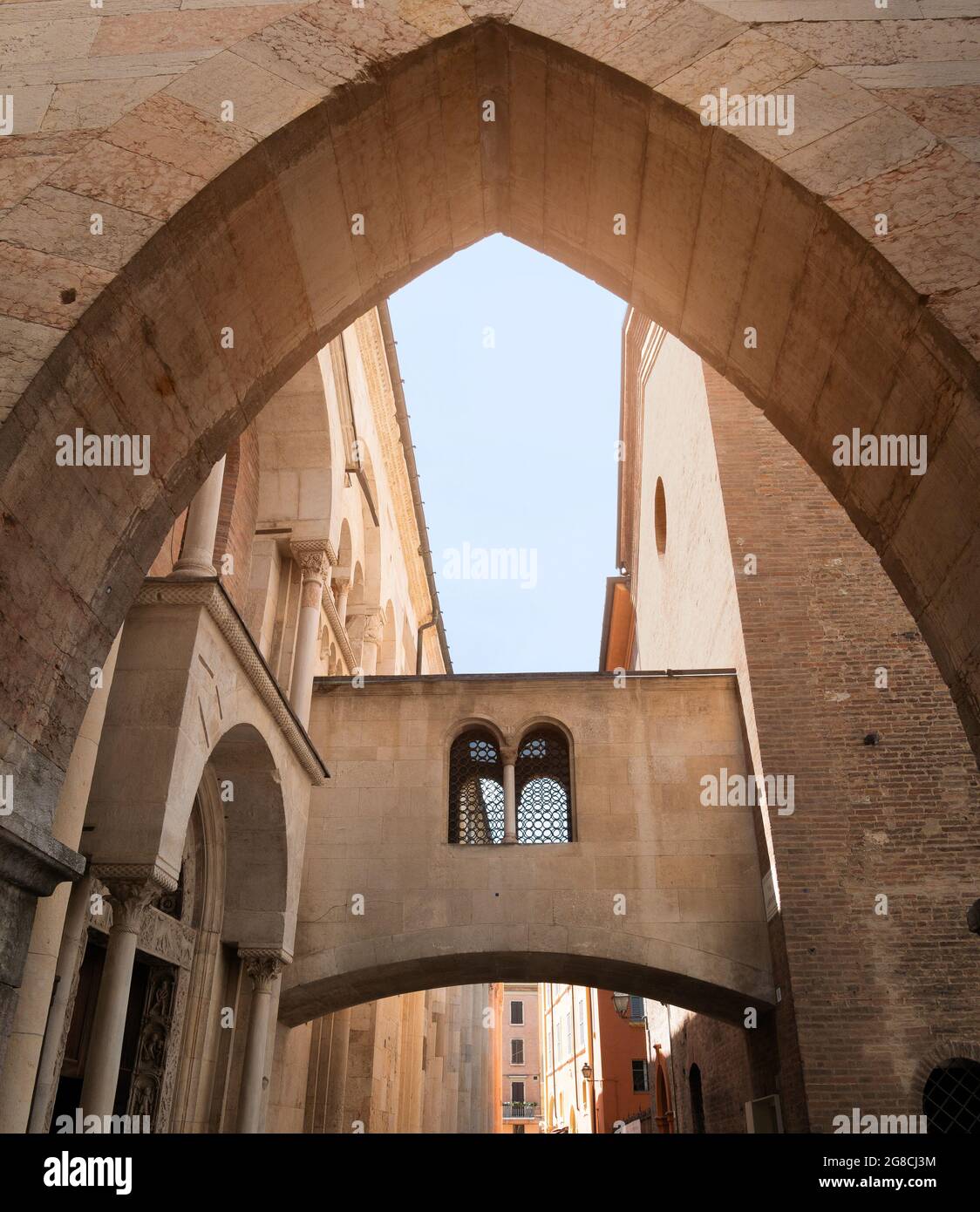 Modena - Italy - June 12, 2021:details of arches in the historic center ...