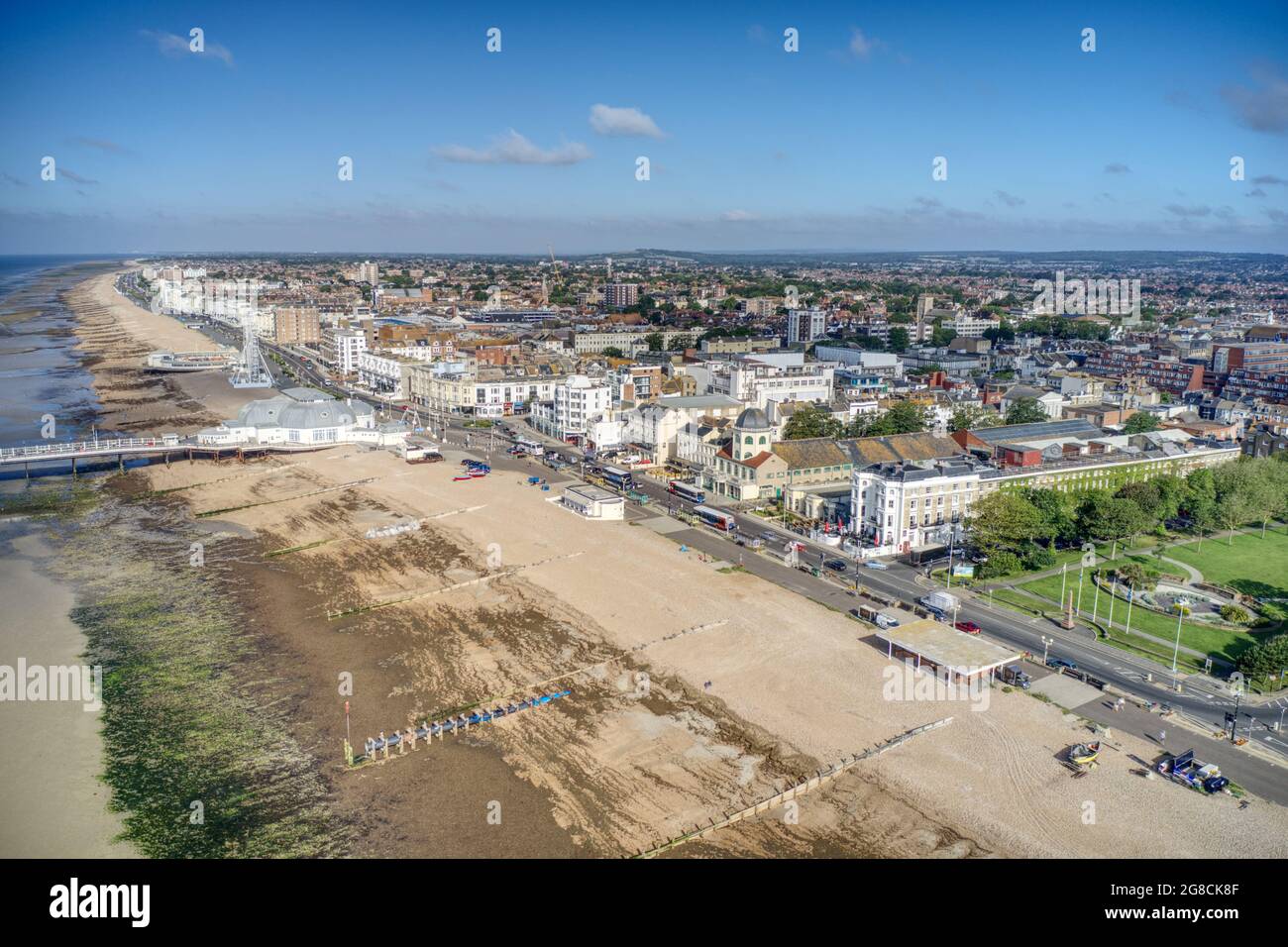 Beautiful aerial view of Worthing seafront and pier which shows the mix ...
