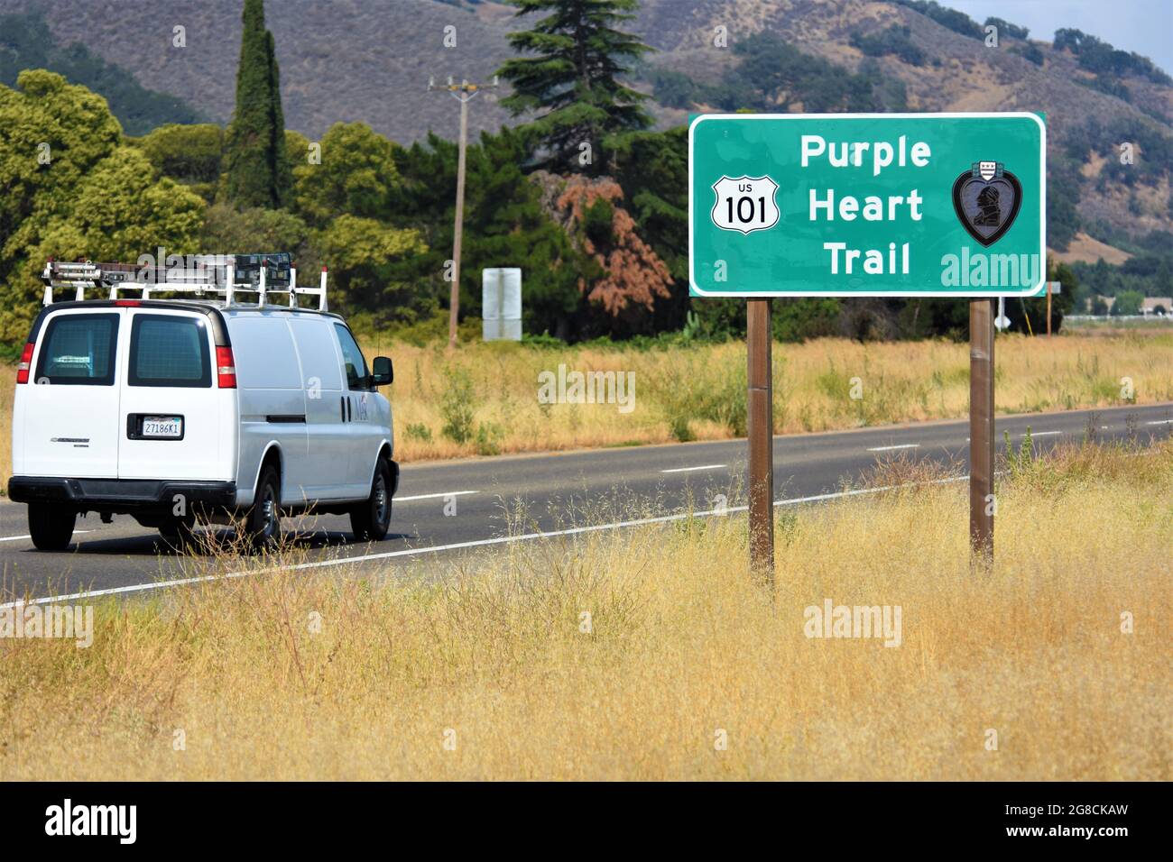 Purple Heart Trail, sign on highway US 101, to acknowledge winners of ...