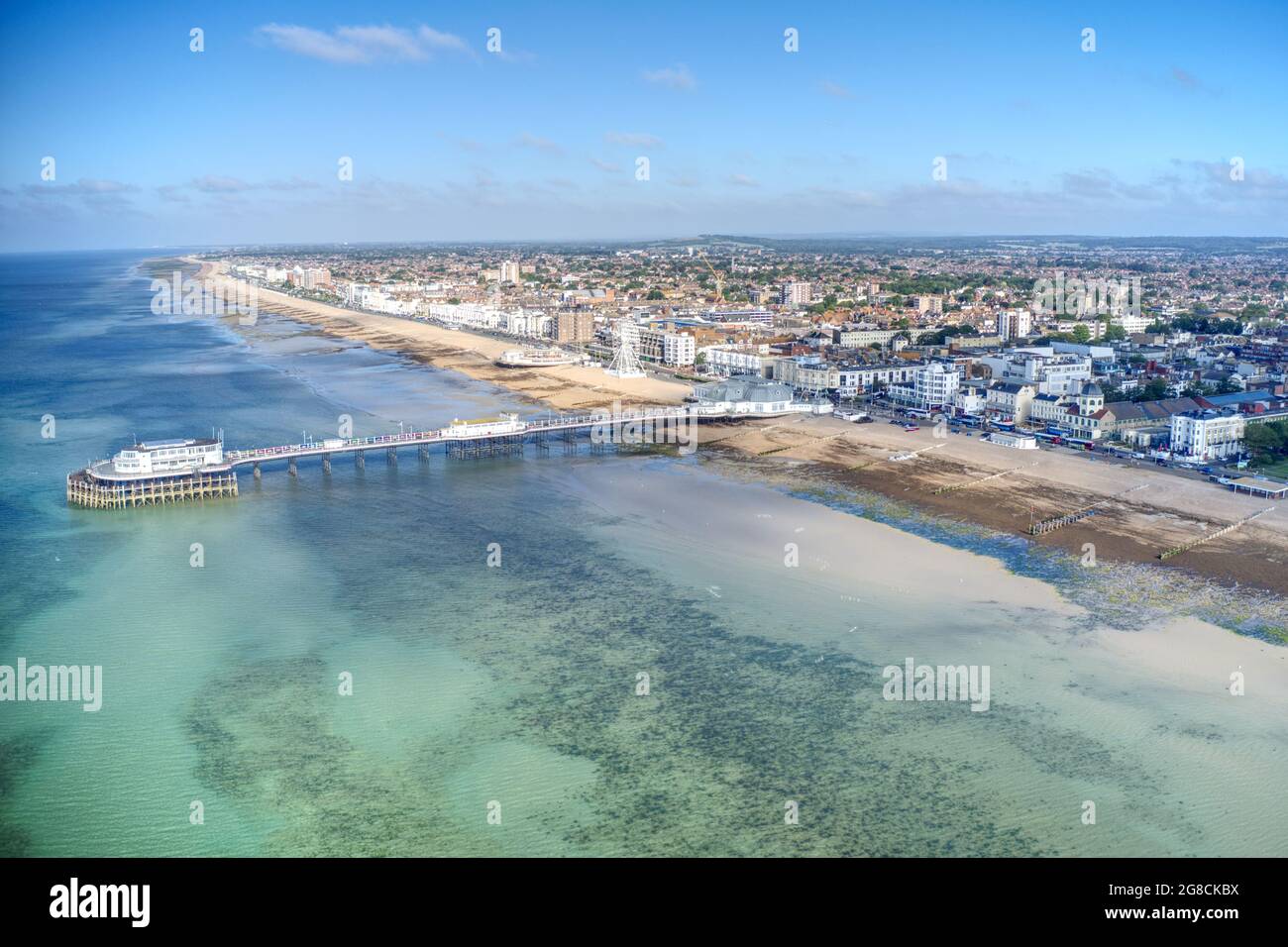 Beautiful aerial view of Worthing seafront and pier which shows the mix ...