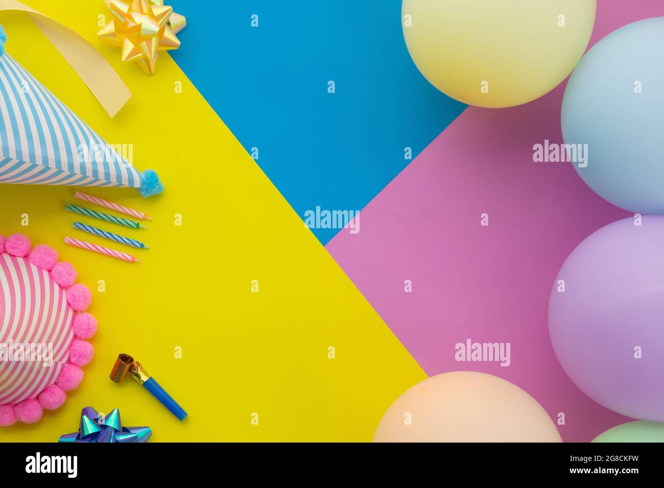 Happy birthday background, Flat lay colorful party decoration on pastel ...