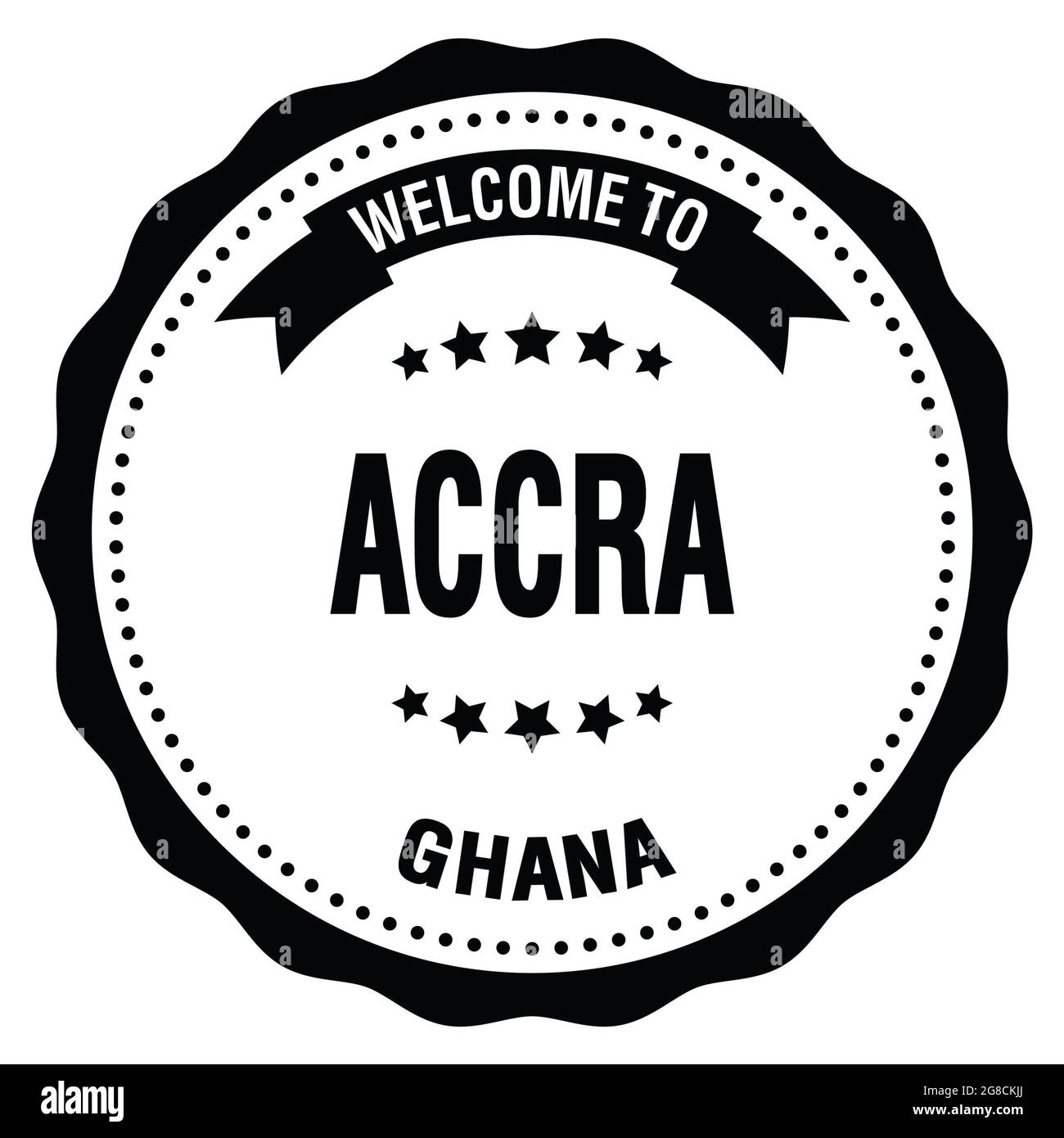 WELCOME TO ACCRA - GHANA, words written on black round badge stamp ...