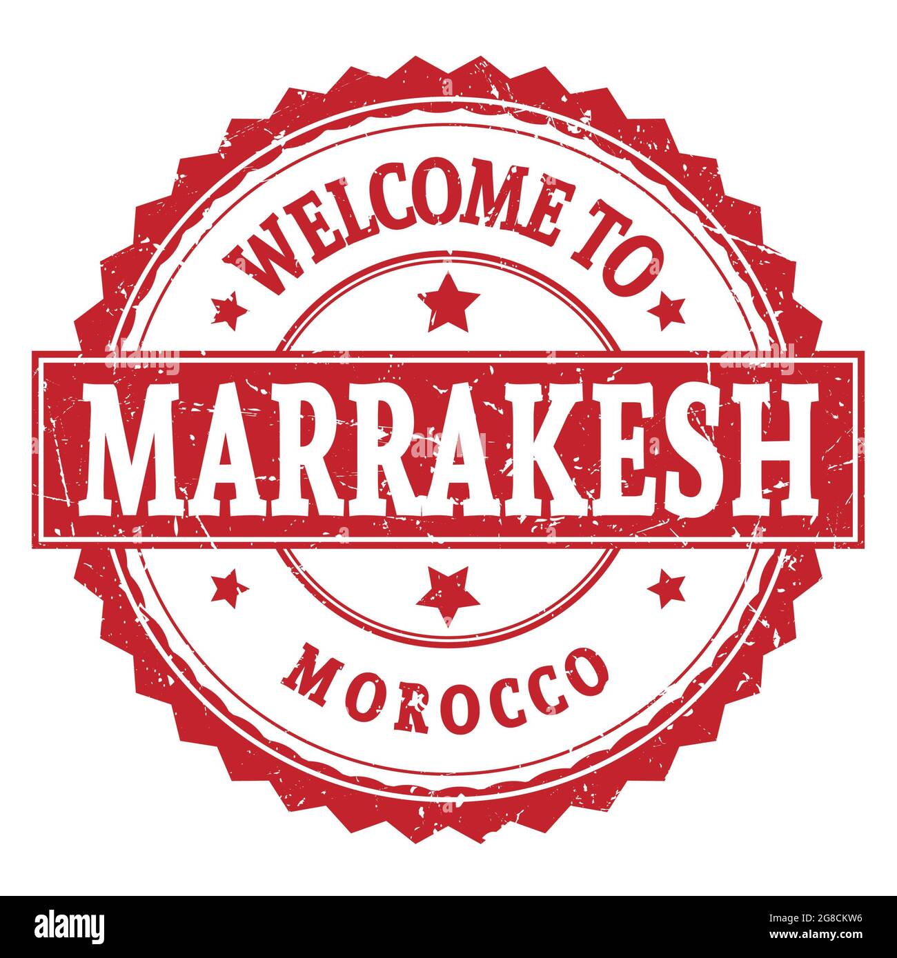 WELCOME TO MARRAKESH - MOROCCO, words written on red round zig zag ...