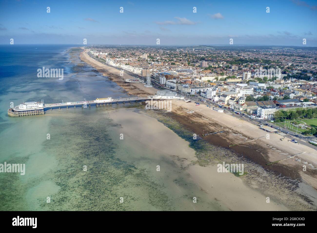 Beautiful aerial view of Worthing seafront and pier which shows the mix ...