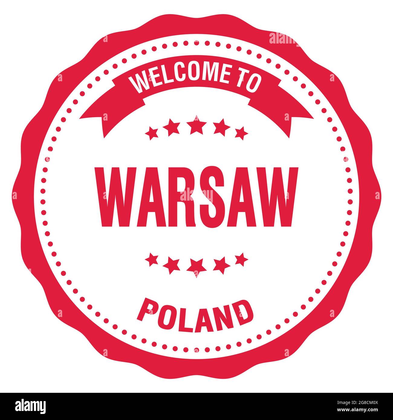 WELCOME TO WARSAW - POLAND, words written on red round badge stamp ...