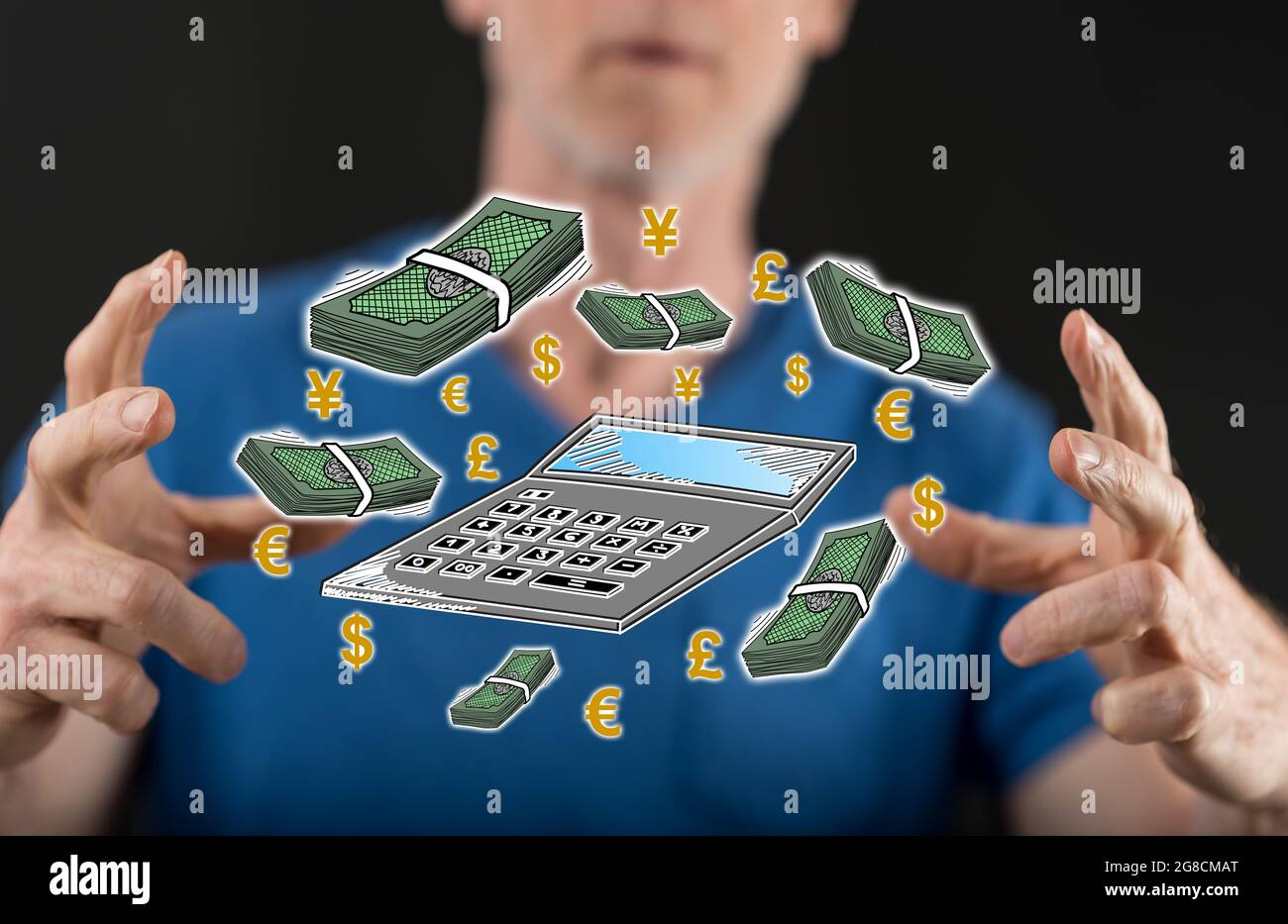 Finance concept between hands of a man in background Stock Photo - Alamy