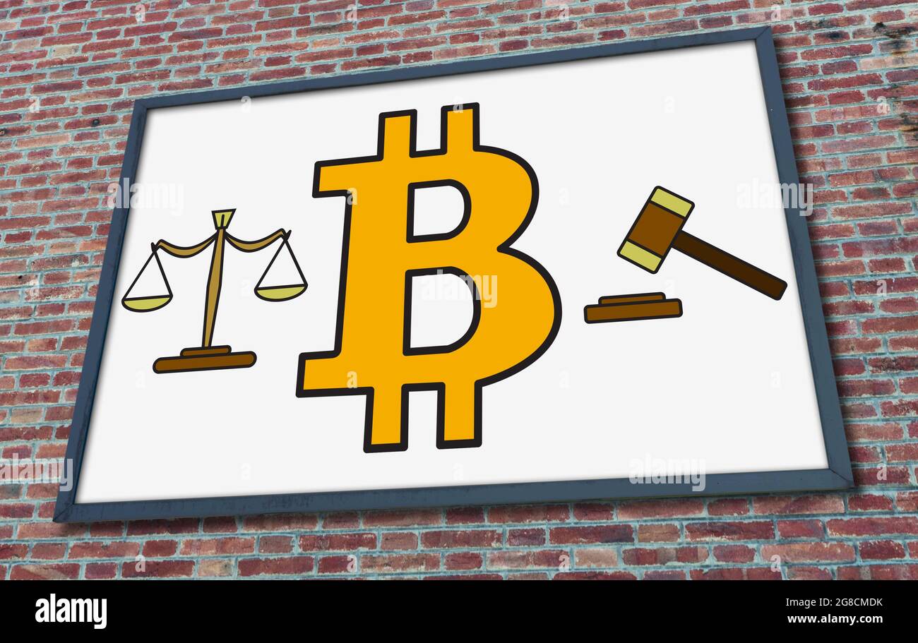 Bitcoin regulation concept drawn on a billboard fixed on a brick wall ...