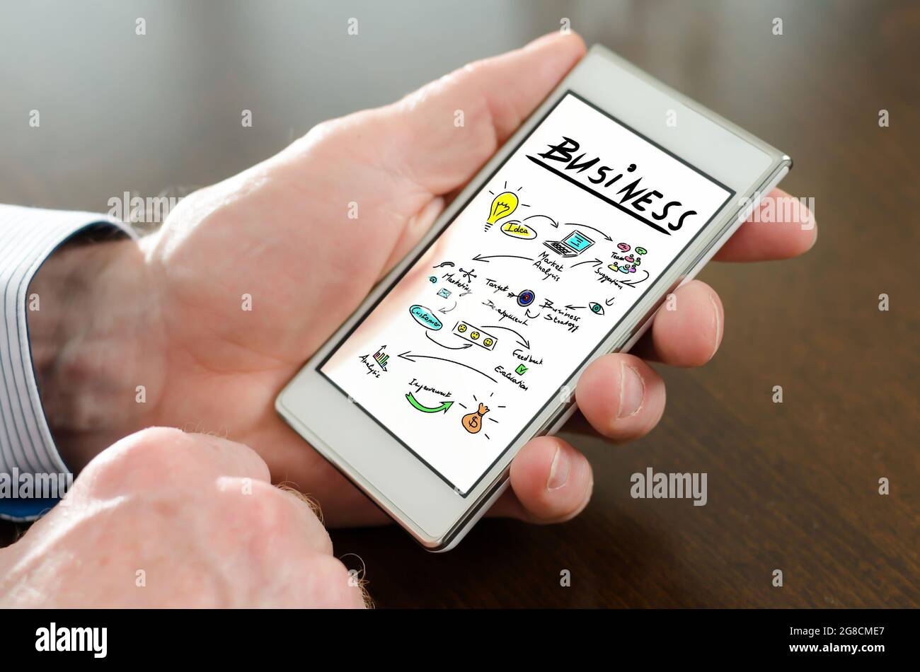 Hand holding a smartphone with business strategy concept Stock Photo ...