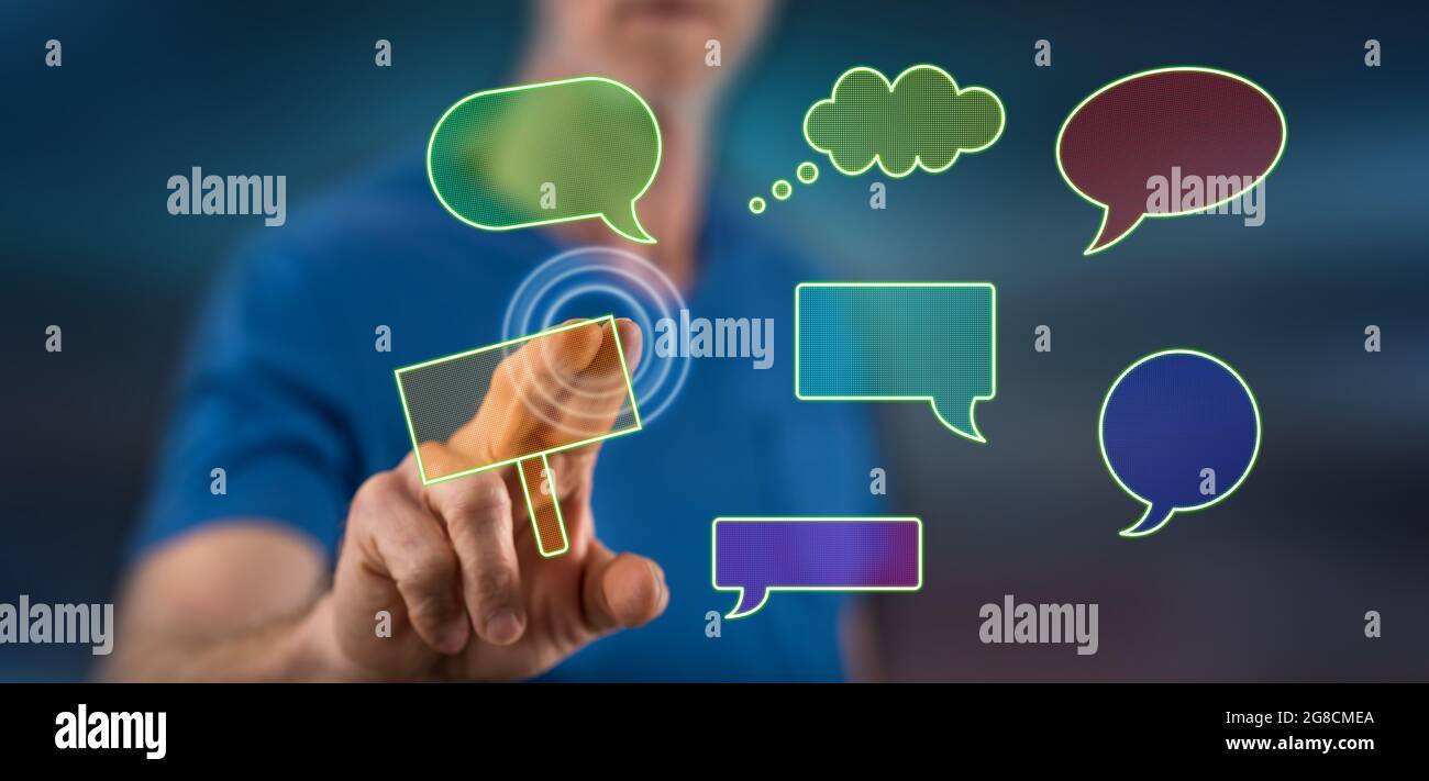 Man touching a communication concept on a touch screen with his finger ...