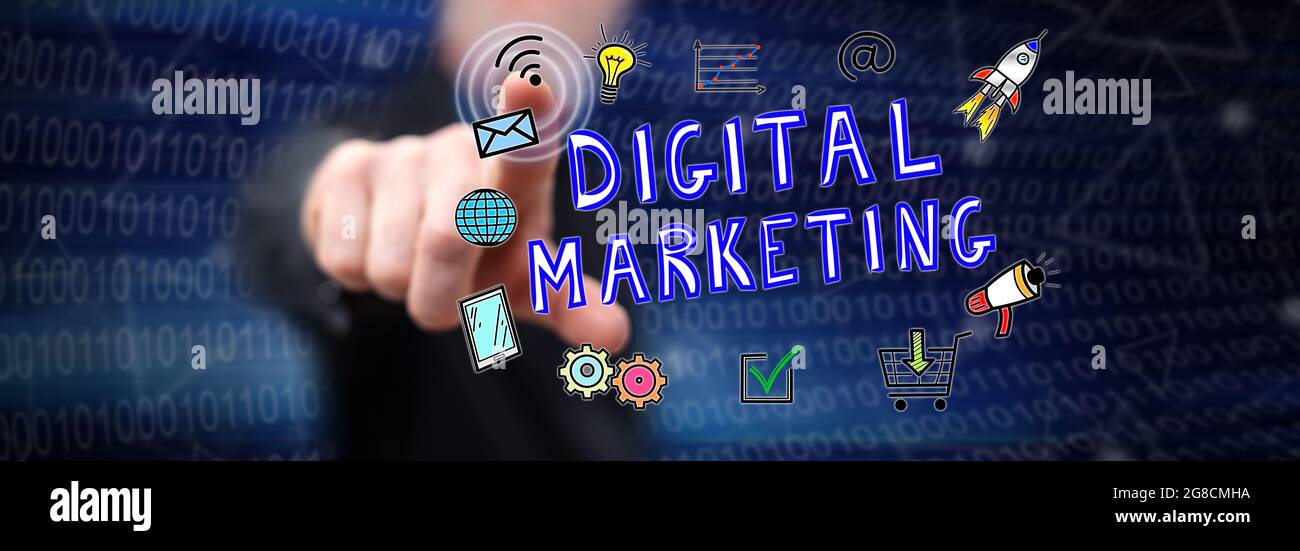 Man touching a digital marketing concept on a touch screen with his ...