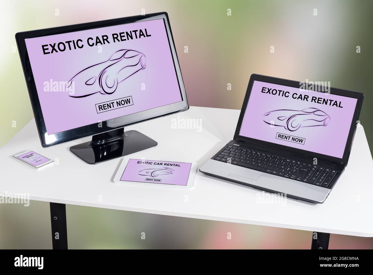 Exotic car rental concept shown on different information technology ...