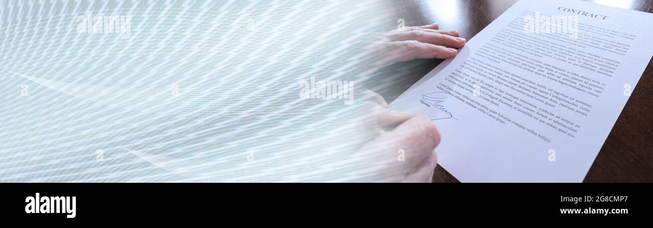 Human hand signing a contract. panoramic banner Stock Photo - Alamy