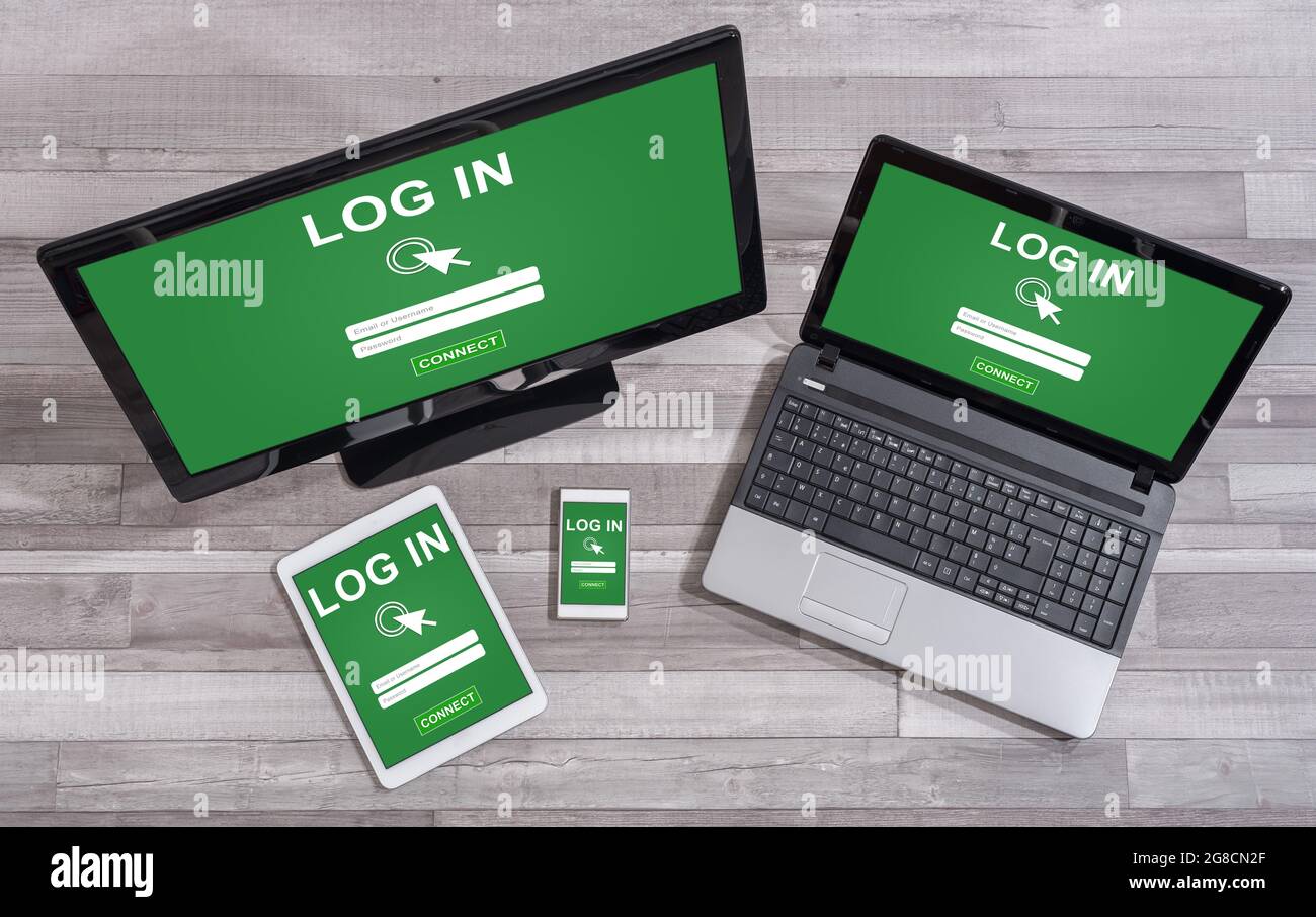 Login concept shown on different information technology devices Stock ...