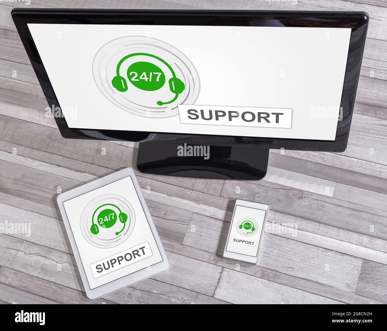 Support concept shown on different information technology devices Stock ...