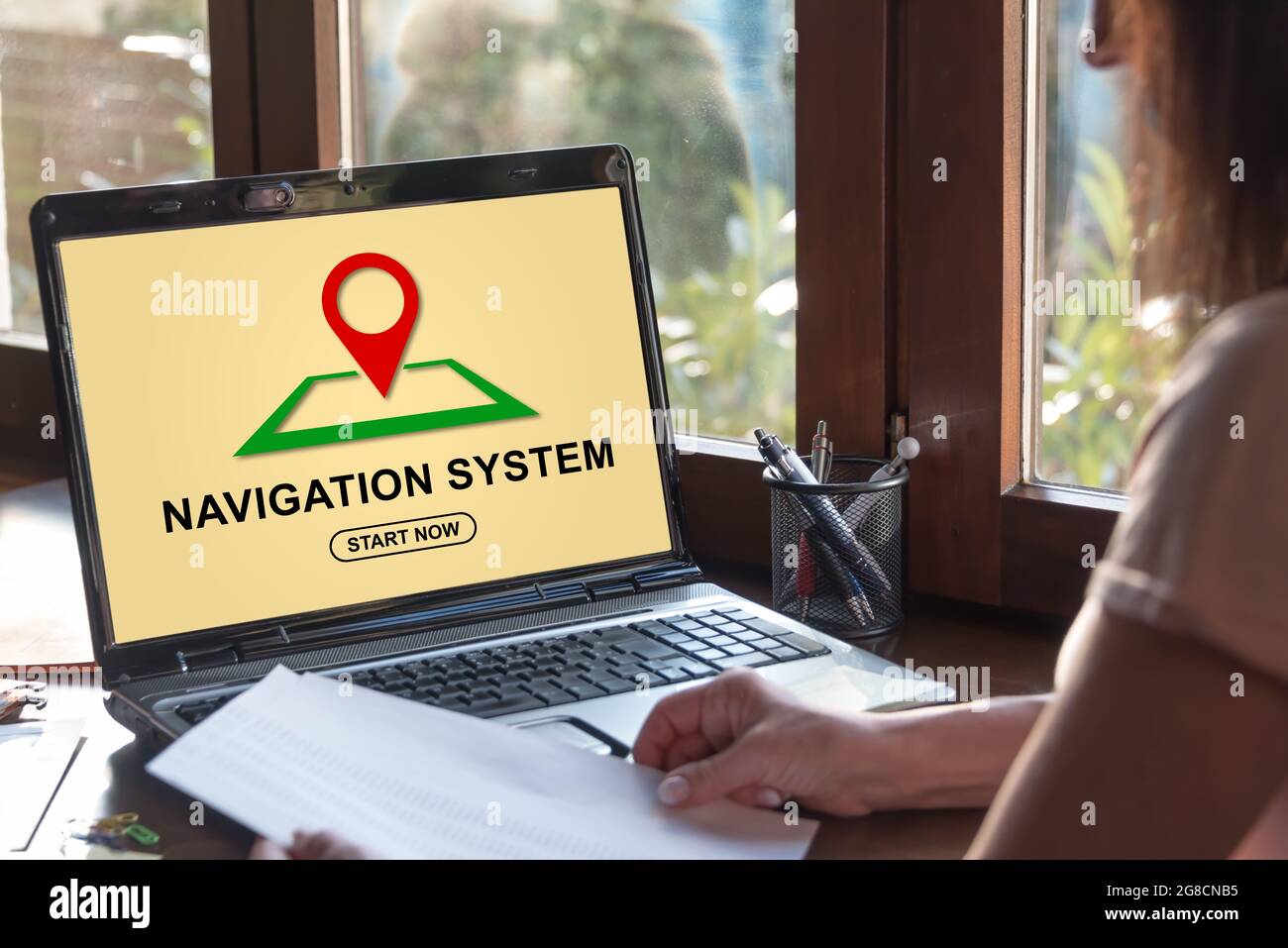 Laptop screen displaying a navigation system concept Stock Photo - Alamy