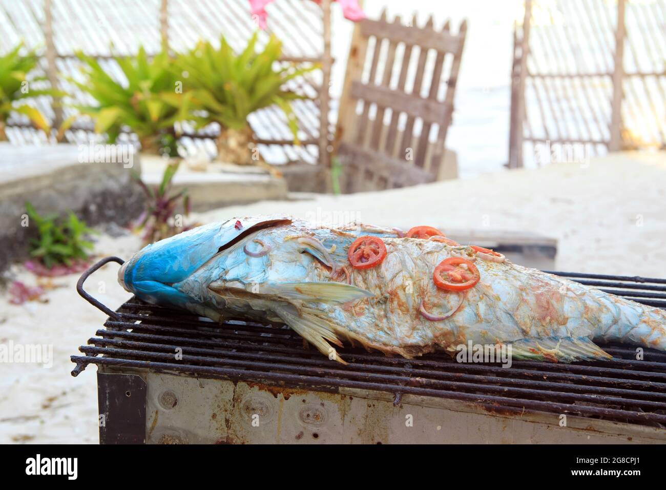 Tropical food on the beach. Exotic vacation in resort. Fresh, raw ...