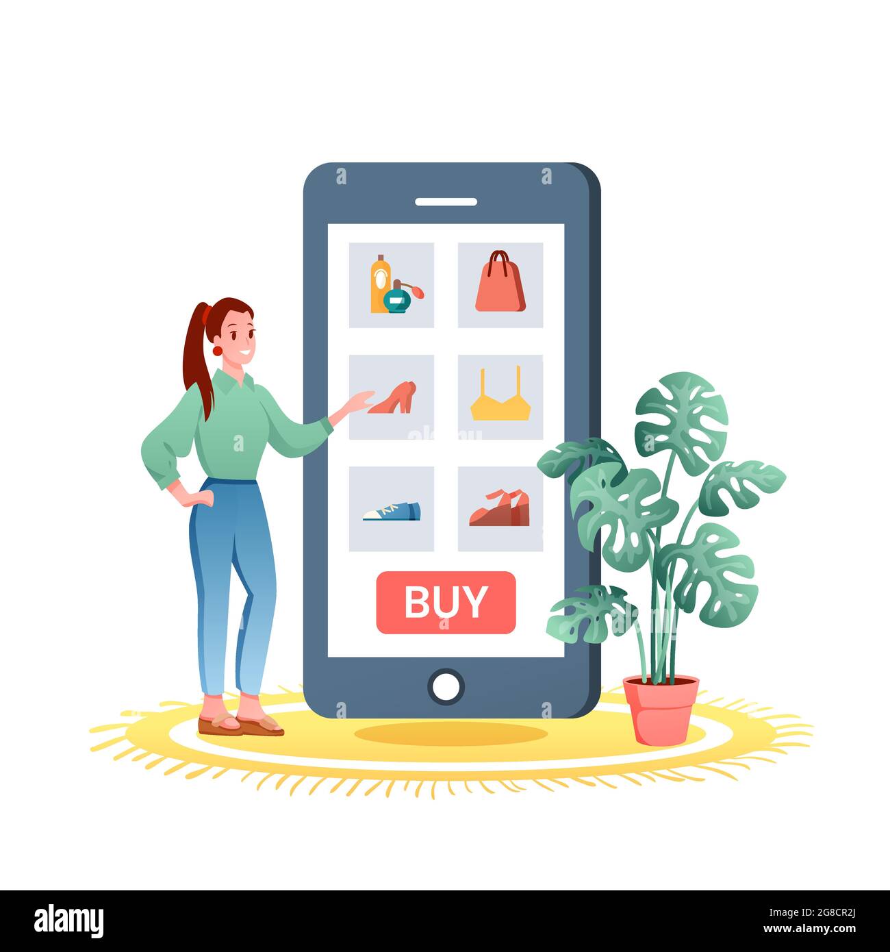 Online shopping, happy shopper woman standing with big smartphone with ...