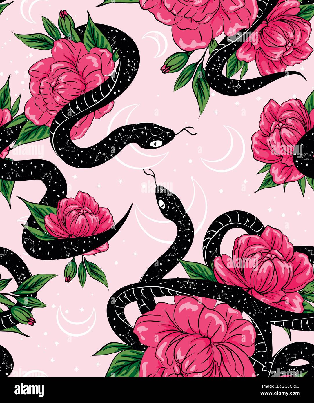Beautiful pattern with snake and tropical leaves. Beautiful all-over ...