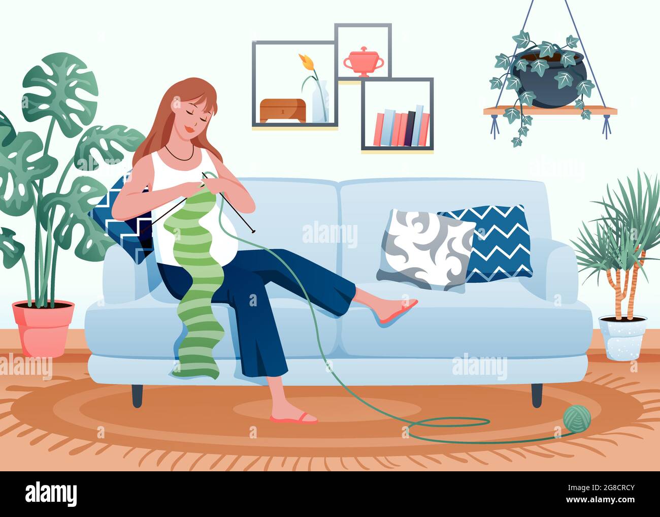 Pregnancy hobby, happy young pregnant woman knitting scarf for child ...