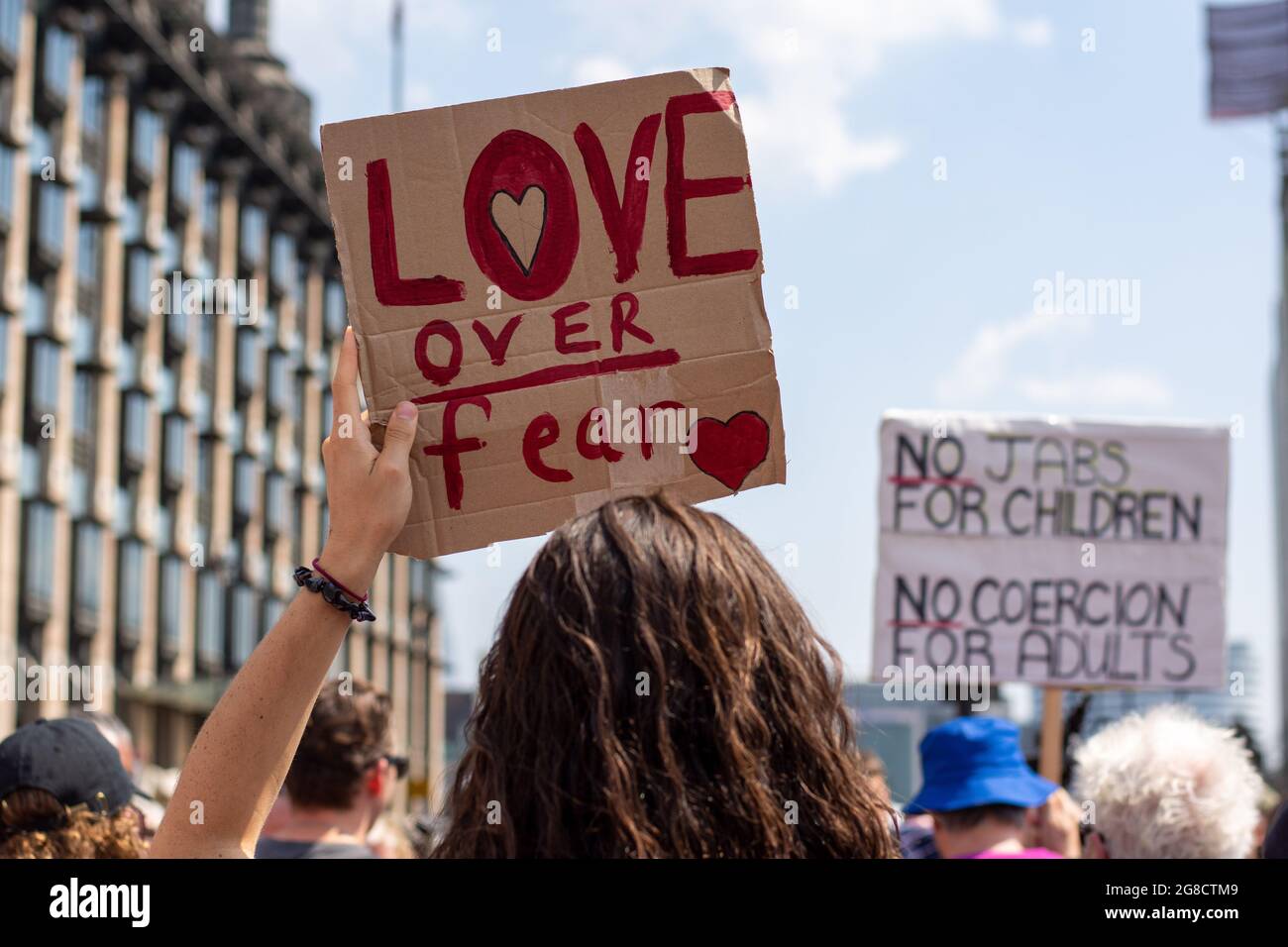 London Uk 19th July 2021 A Protester Holds A Placard Expressing Her