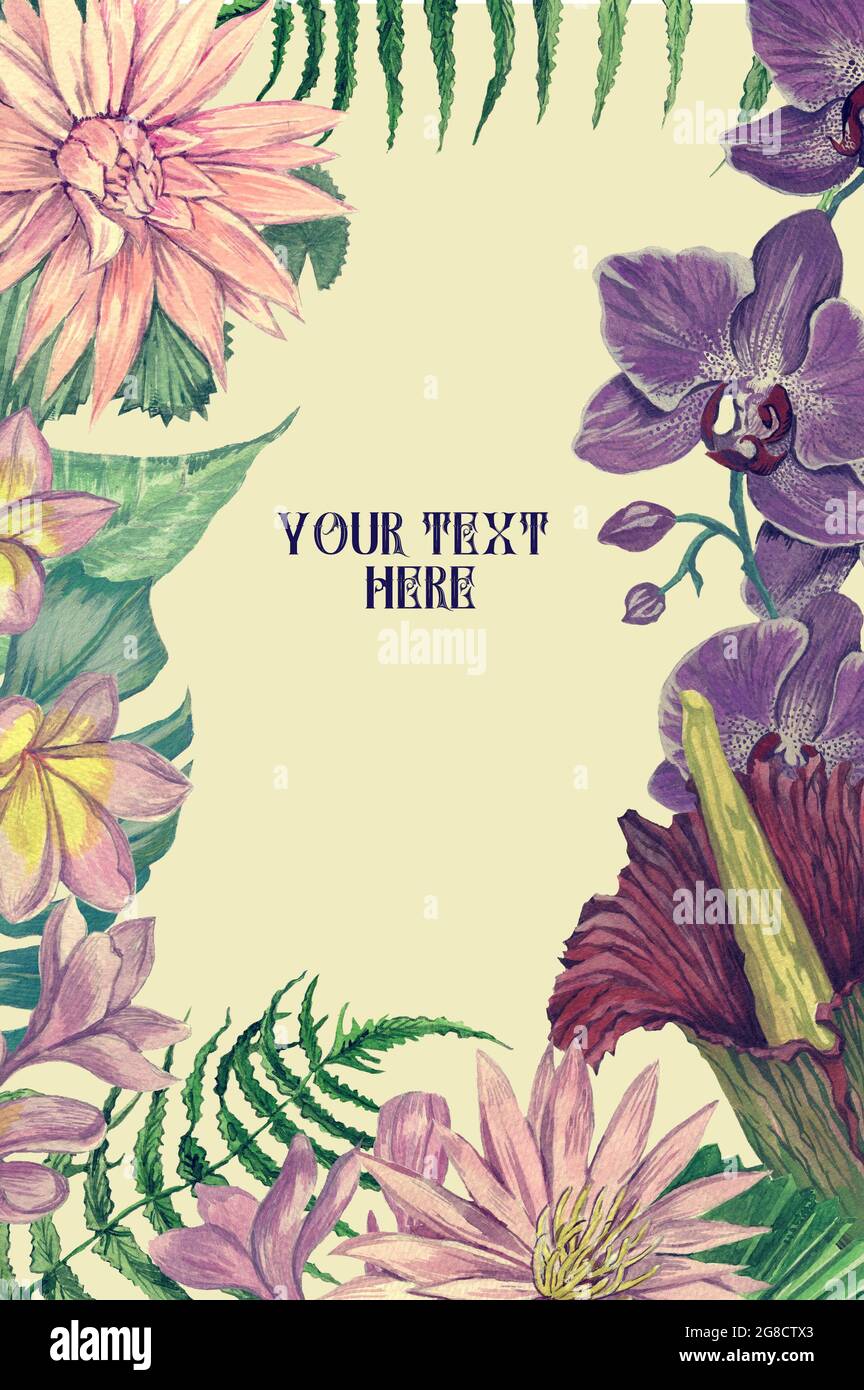 Hand drawn watercolor card with indonesian leaves, flowers. Rsvp ...